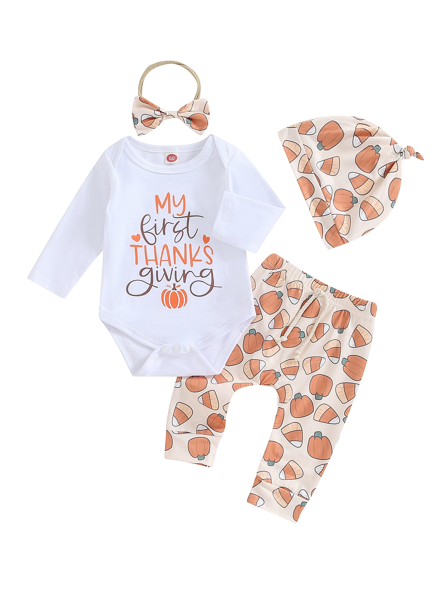 Bagilaanoe 4Pcs Newborn Baby Girl Boy Thanksgiving Clothes Long Sleeve Romper Tops + Pumpkin ...