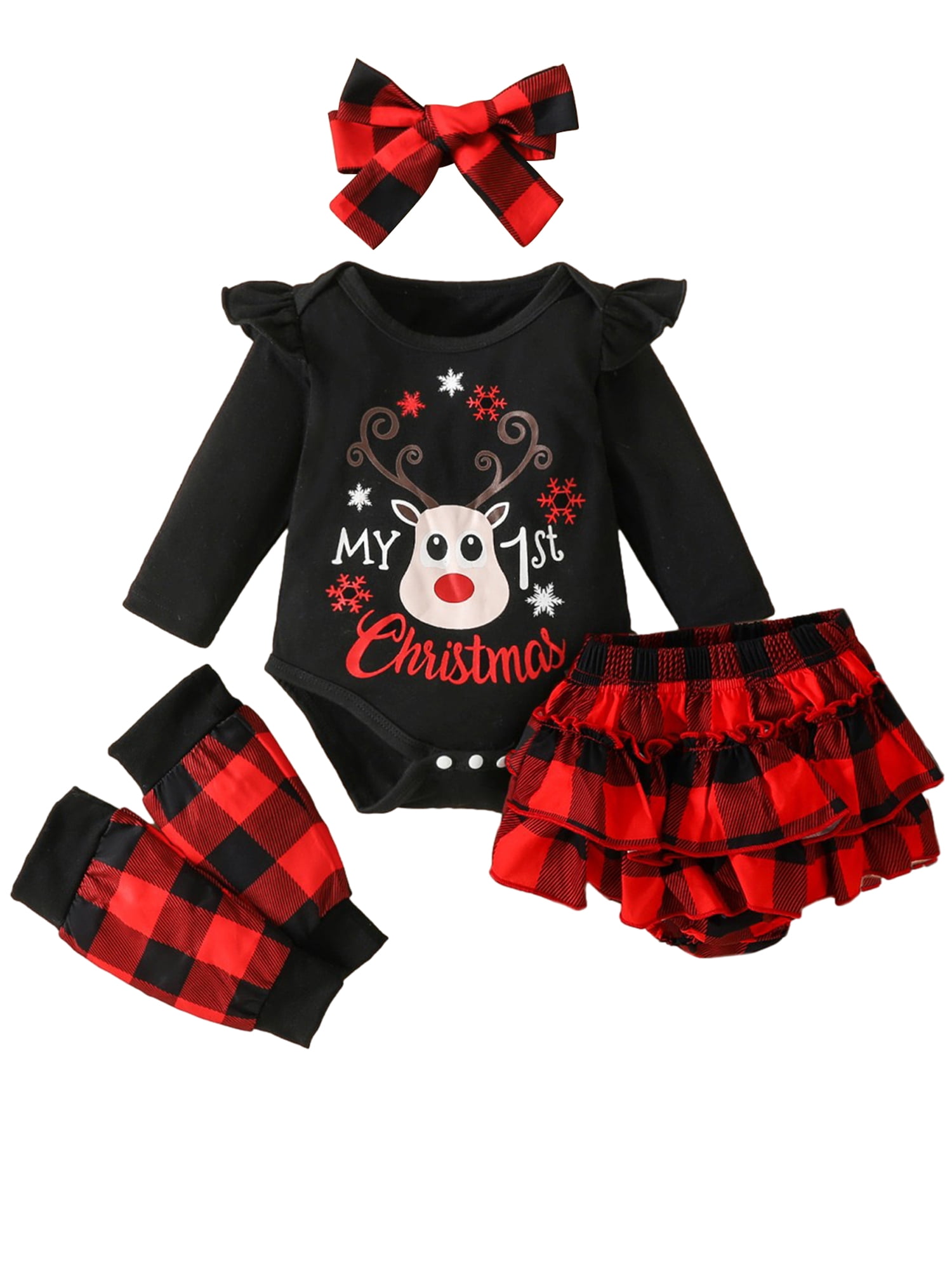 Bagilaanoe 4Pcs Newborn Baby Girl Christmas Clothes Deer Print Long Sleeve Romper Tops + Plaid ...