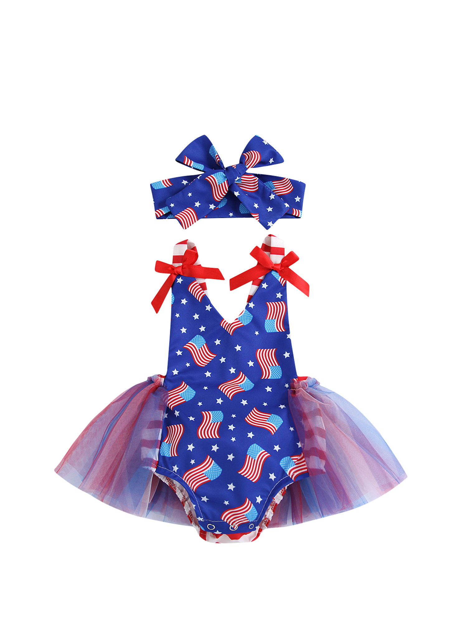 Bagilaanoe 4th of July Newborn Baby Girl Rompers Dress Star Flag Print Sleeveless Bodysuit Mesh ...