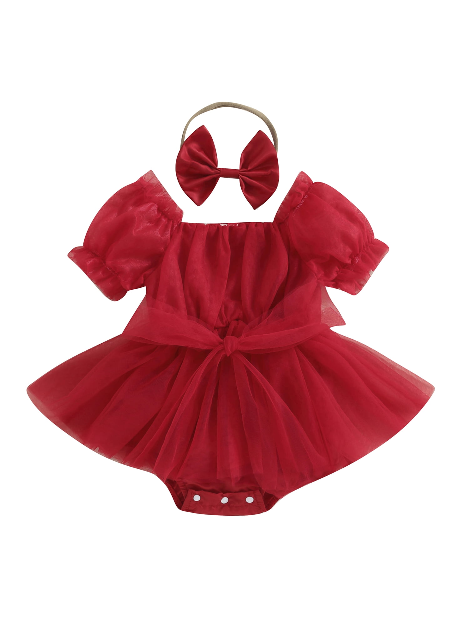 Bagilaanoe Baby Girl Rompers Dress Newborn Short Sleeve Tulle Bodysuit + Headband 6M 12M 18M 24M ...
