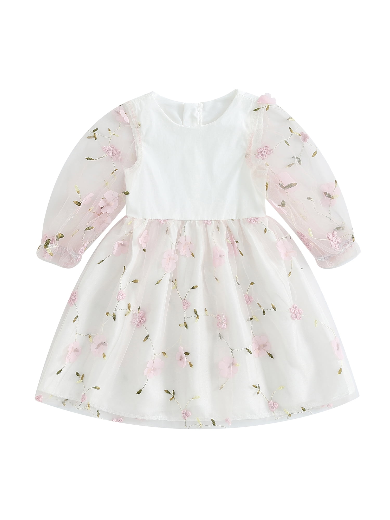 Bagilaanoe Little Girl Fall Dress Flower Embroidery Long Puff Sleeve A-line Princess Dresses 3T ...