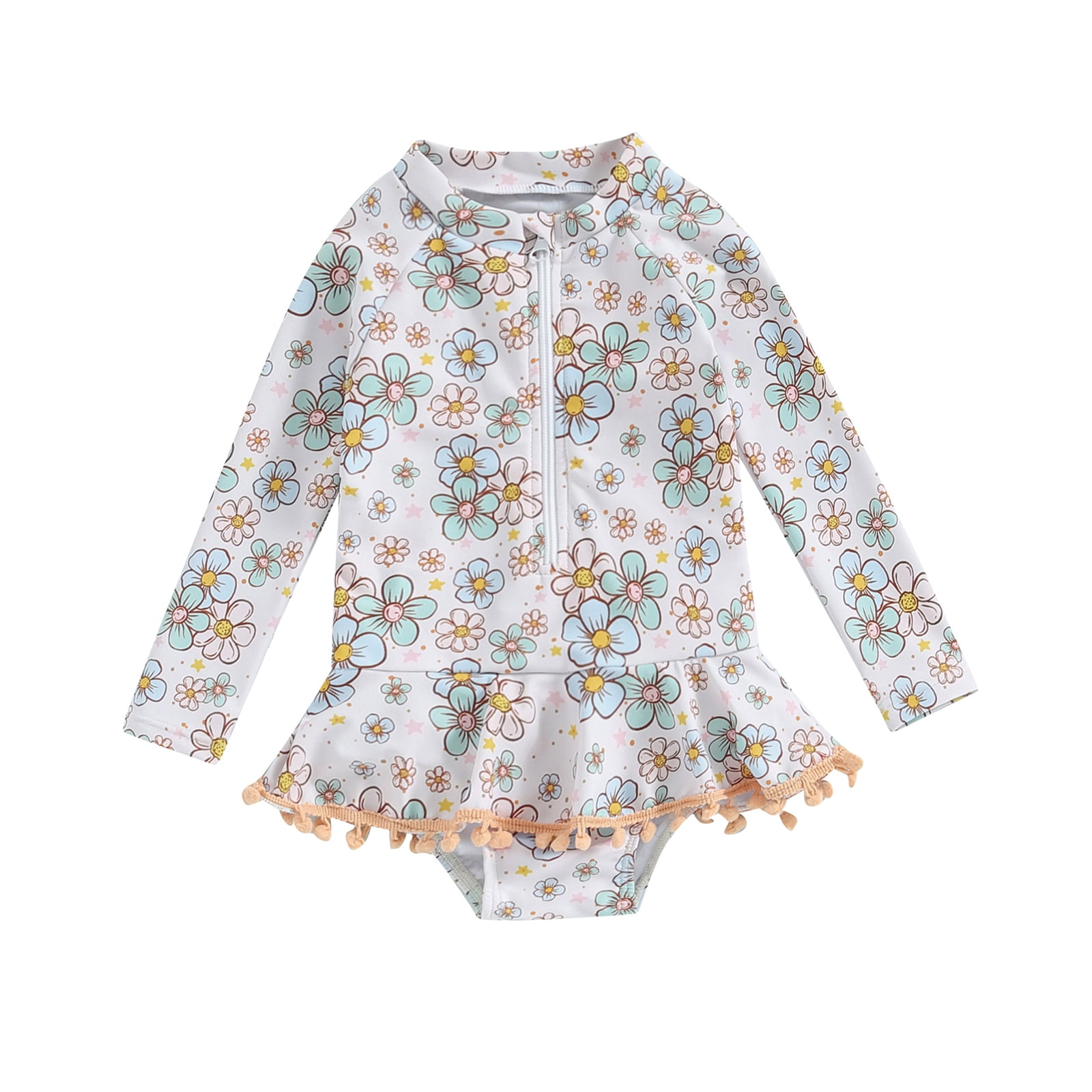 Bagilaanoe Little Girl One-Piece Swimsuit Toddler Floral Print Long Sleeve Zipper Rashguard ...