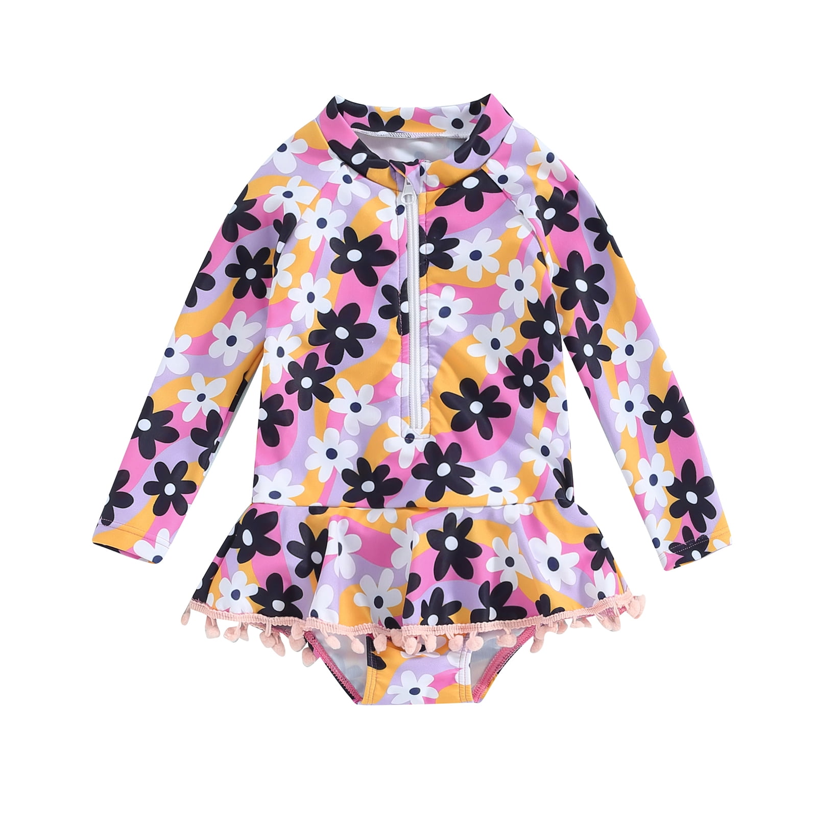 Bagilaanoe Little Girl One-Piece Swimsuit Toddler Floral Print Long Sleeve Zipper Rashguard ...