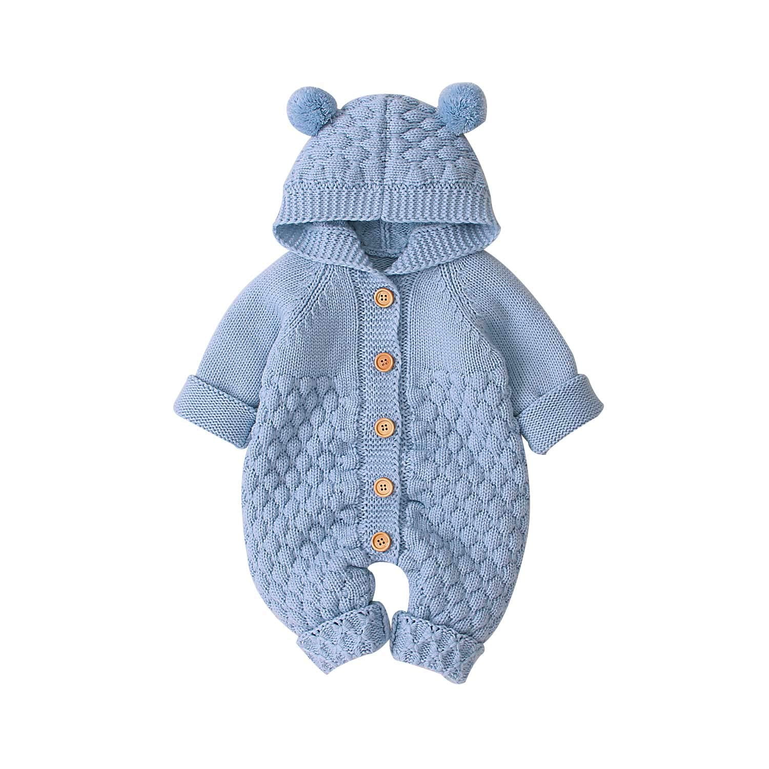 Bagilaanoe Newborn Baby Girl Boy Knitted Hoodie Jumpsuit Sweater Long Sleeve Bodysuit 3M 6M 12M ...