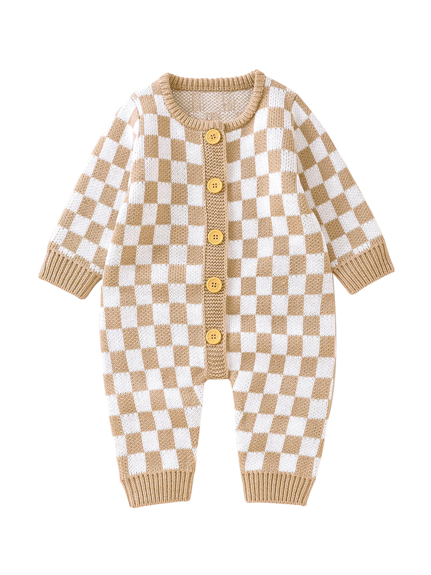 Bagilaanoe Newborn Baby Girl Boy Knitted Jumpsuit Long Sleeve Checkerboard Print Bodysuit 3M 6M ...
