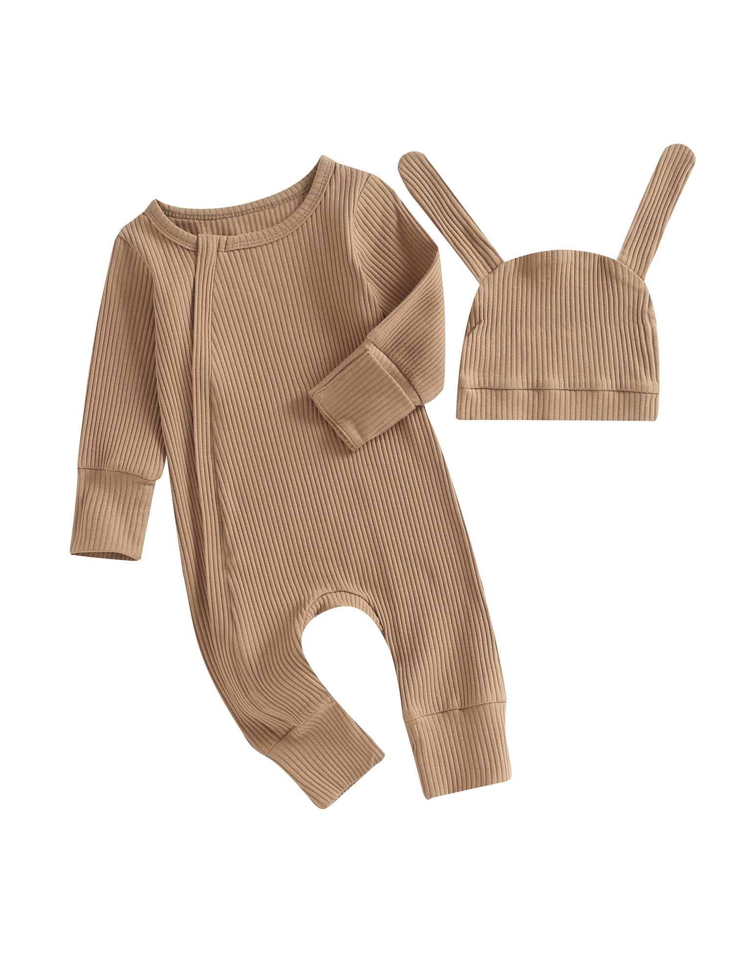 Bagilaanoe Newborn Baby Girl Boys Jumpsuit Long Sleeve Bodysuit + Hat 3M 6M 12M 18M Infant Zip ...