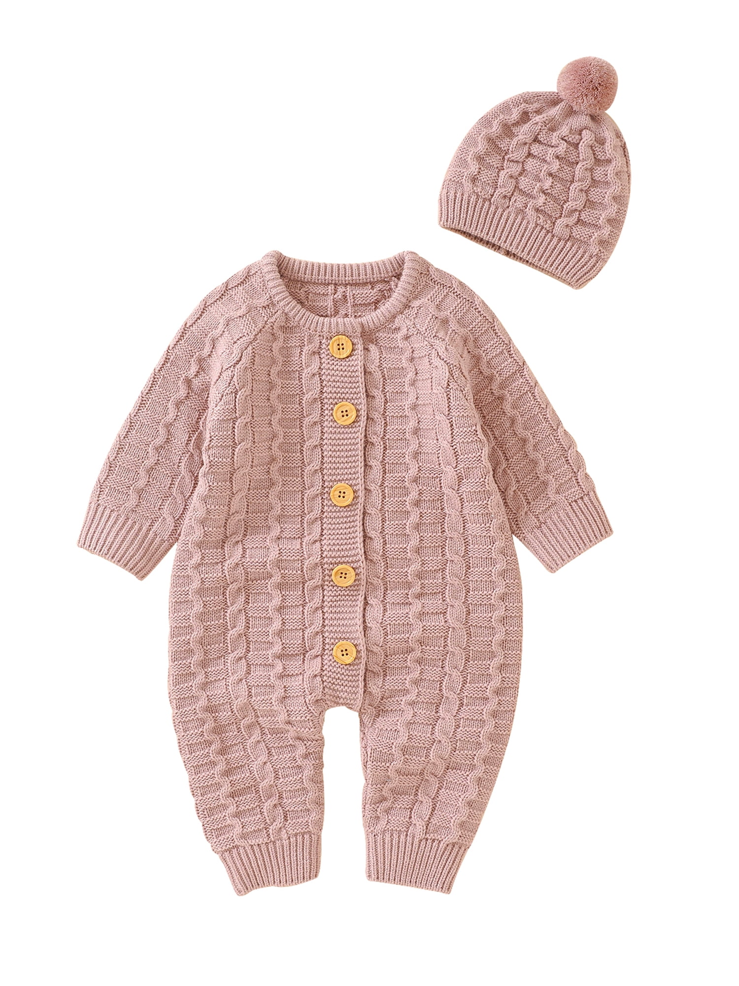 Bagilaanoe Newborn Baby Girl Boys Knit Jumpsuit Button Long Sleeve Bodysuit + Hat 3M 6M 12M 18M ...