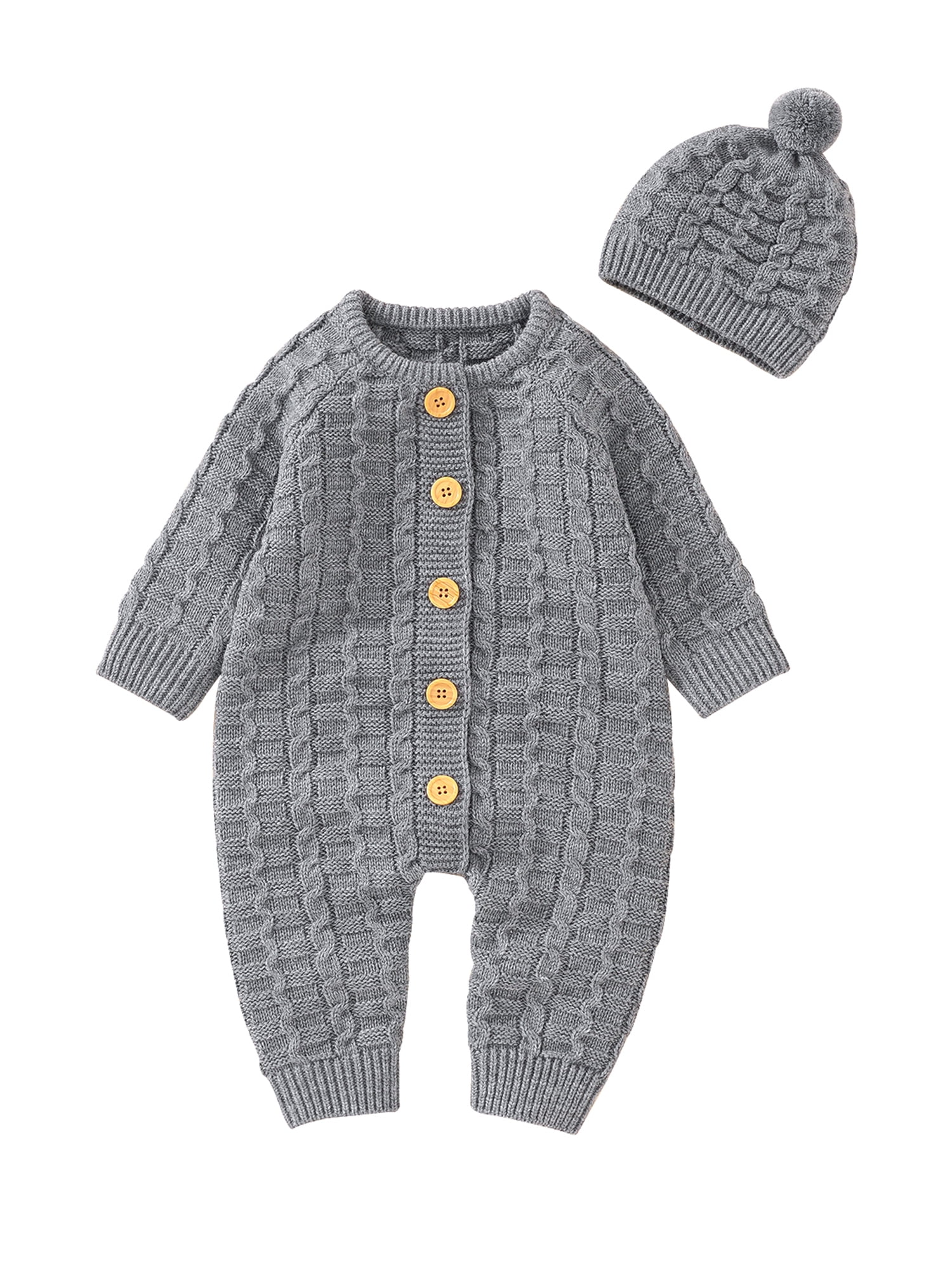 Bagilaanoe Newborn Baby Girl Boys Knit Jumpsuit Button Long Sleeve Bodysuit + Hat 3M 6M 12M 18M ...