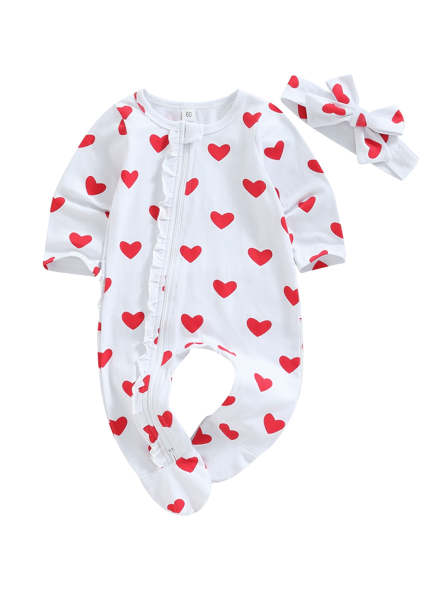 Bagilaanoe Newborn Baby Girl Boys Valentine's Day Jumpsuit Heart Print Long Sleeve Footed ...