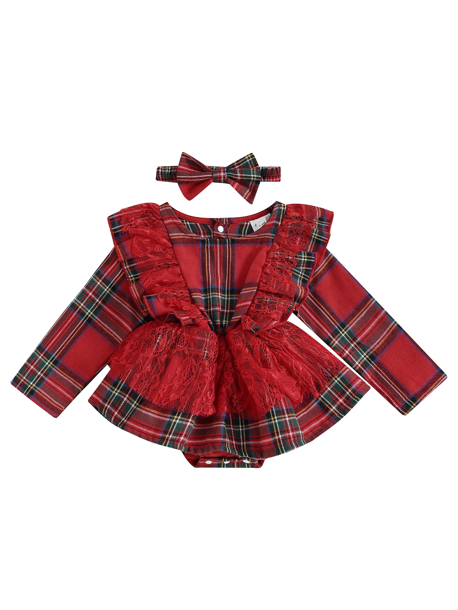 Bagilaanoe Newborn Baby Girl Christmas Clothes Rompers Dress Plaid Long Sleeve Bodysuit ...