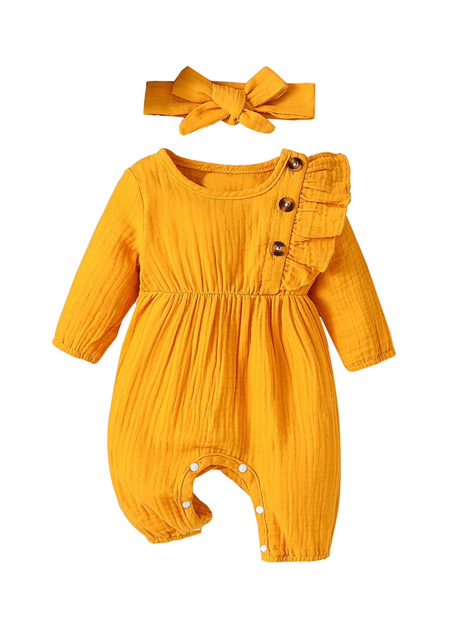 Bagilaanoe Newborn Baby Girl Fall Jumpsuits Ruffles Long Sleeve Bodysuits + Headband 1M 3M 6M ...