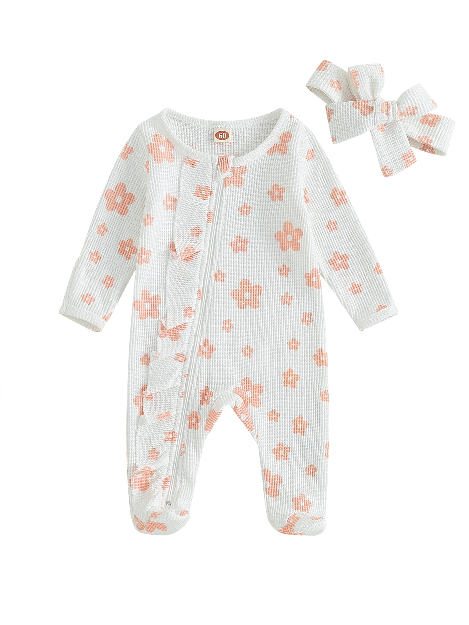 Bagilaanoe Newborn Baby Girl Footed Jumpsuit Floral Print Long Sleeve Bodysuit + Headband 3M 6M ...