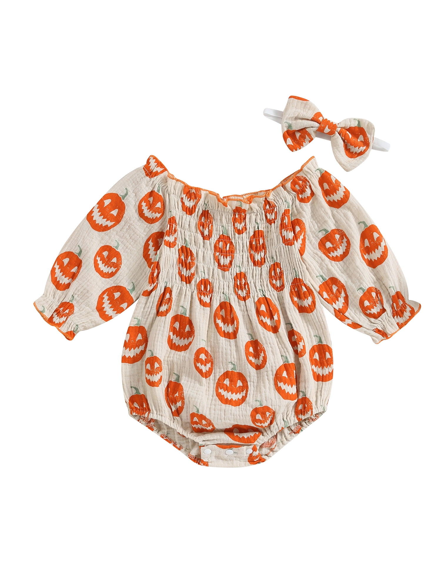 Bagilaanoe Newborn Baby Girl Halloween Rompers Pumpkin Print Long Sleeve Bodysuit + Headband 3M ...
