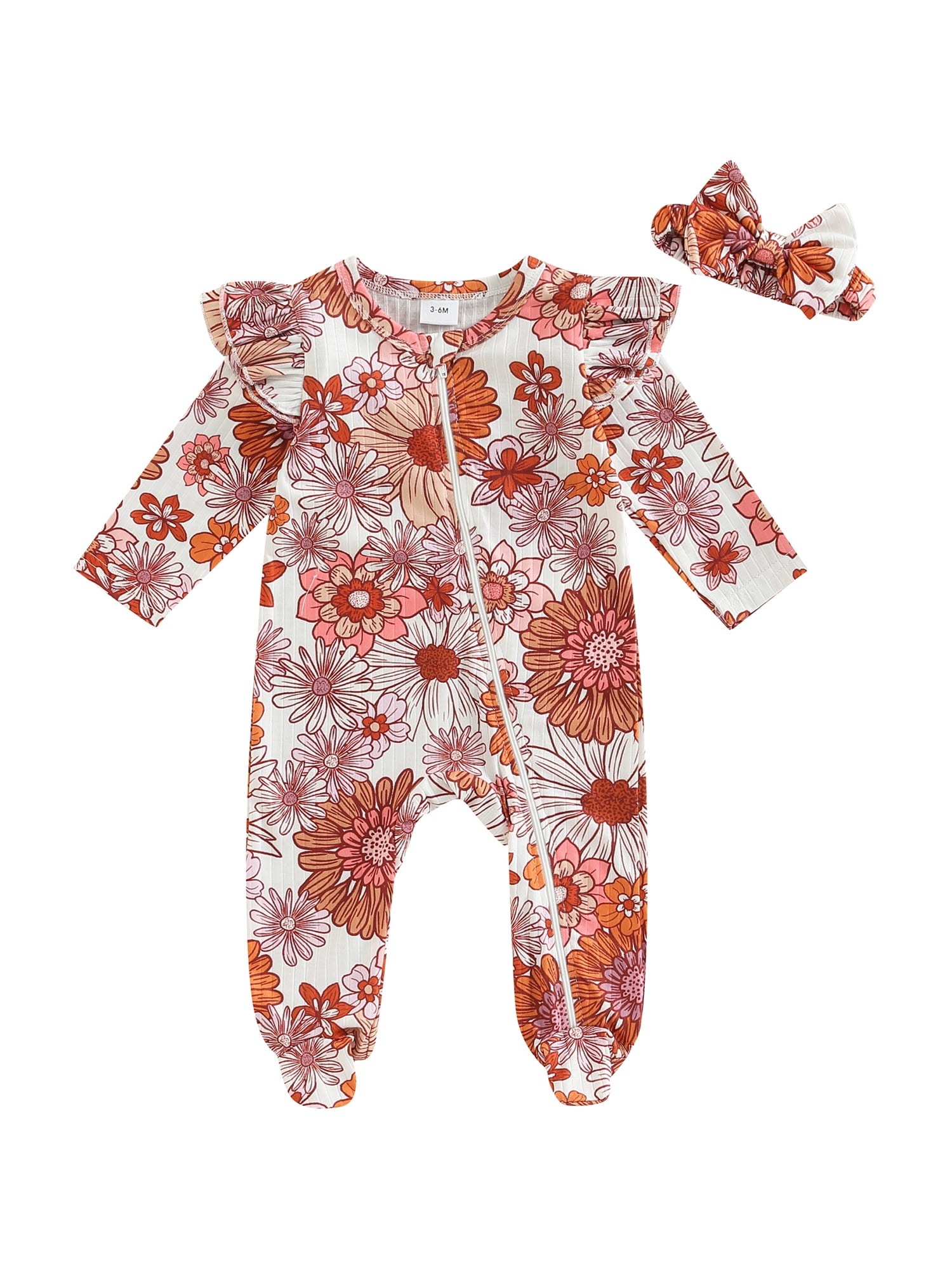 Bagilaanoe Newborn Baby Girl Jumpsuit Floral Print Long Sleeve Ruffled Bodysuit + Headband 3M 6M ...