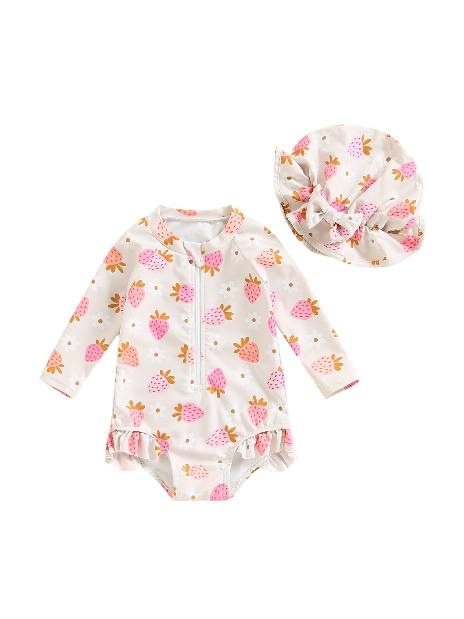 Bagilaanoe Newborn Baby Girl One-Piece Swimsuit Flower Print Long Sleeve Zipper Rashguard ...