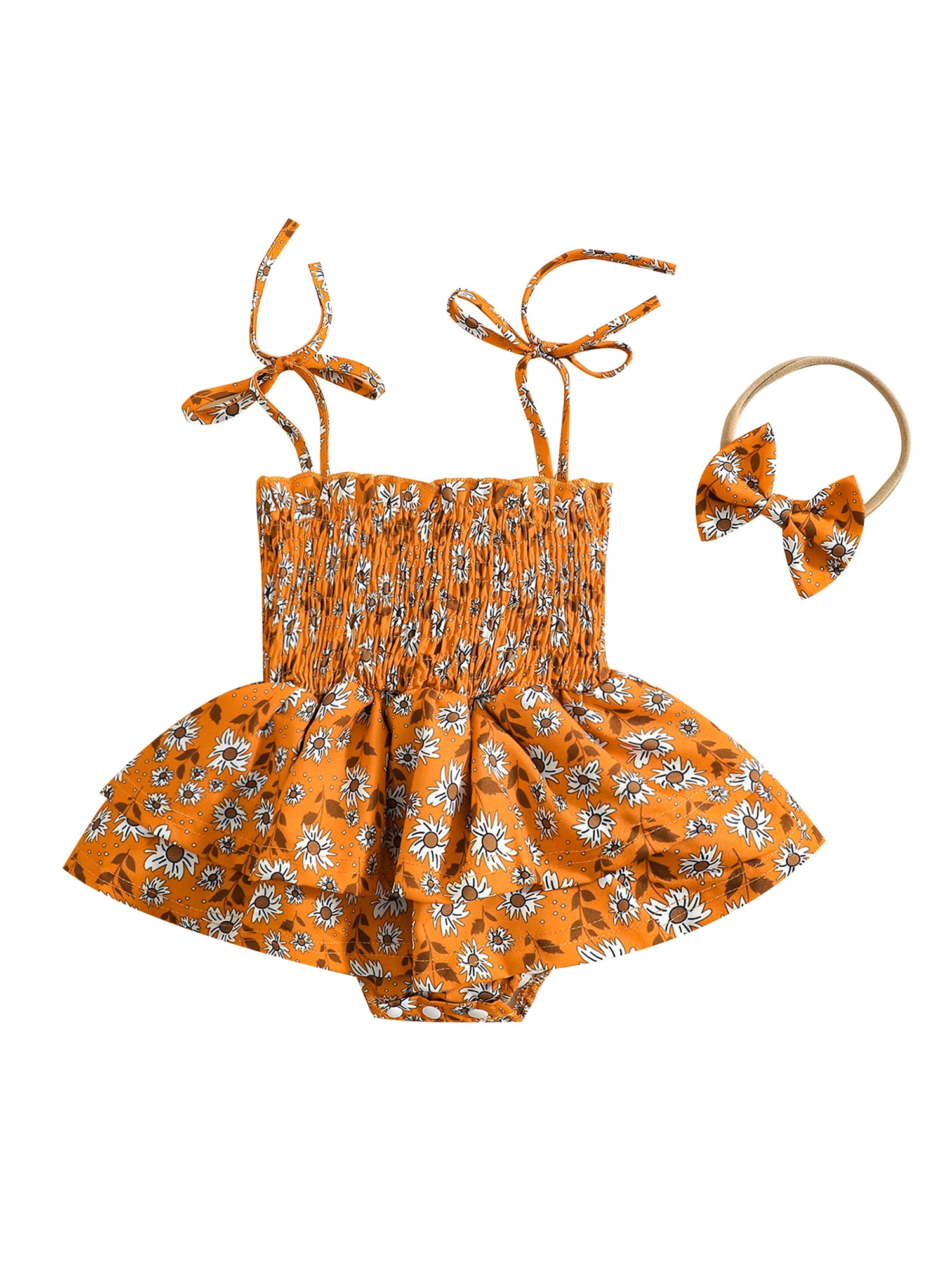 Bagilaanoe Newborn Baby Girl Romper Dress Sleeveless Floral Printed Tie-Up Pleated Bodysuit ...