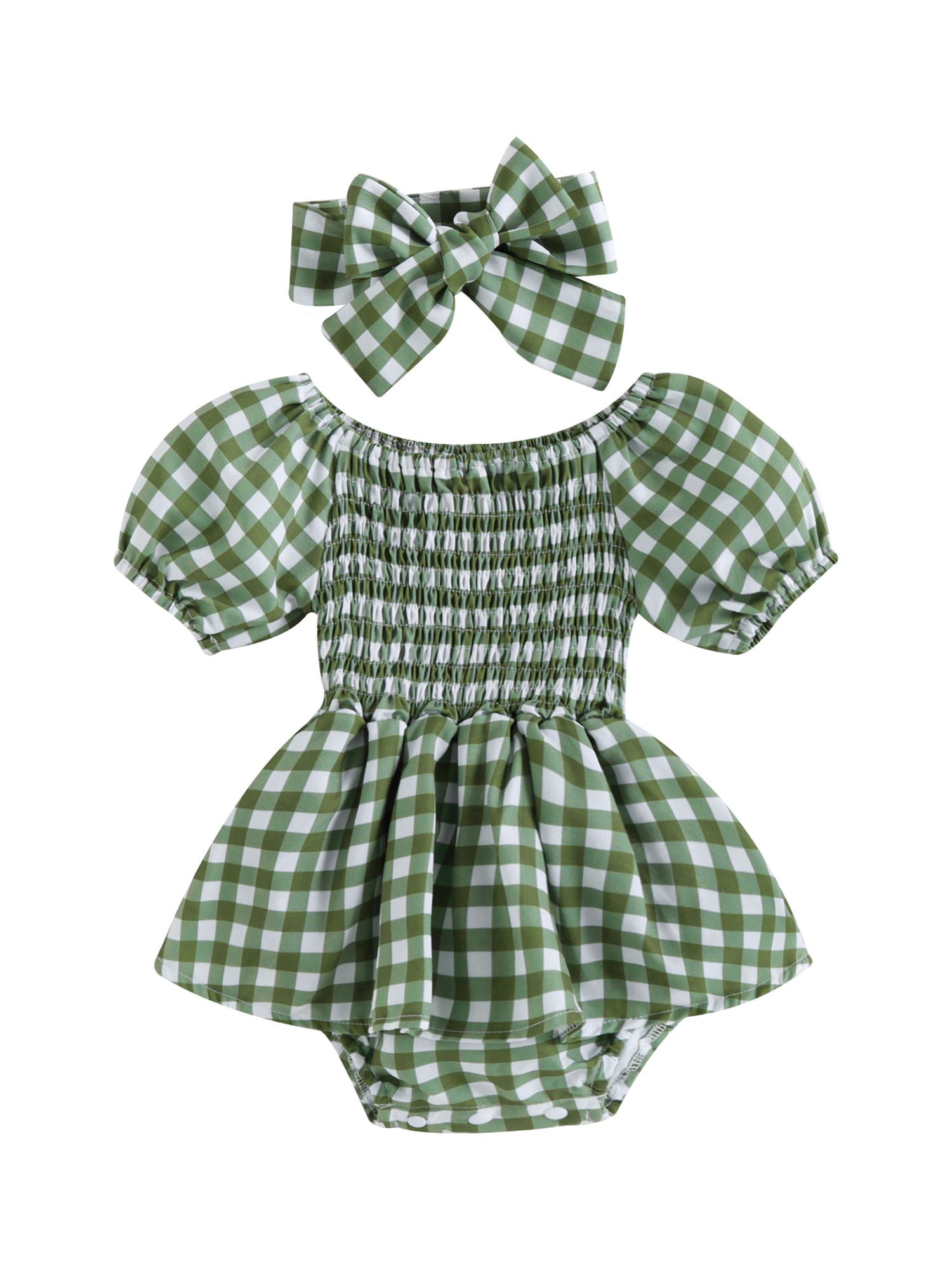 Bagilaanoe Newborn Baby Girl Rompers Dress Checkerboard Print Short Sleeve Bodysuit + Headband ...