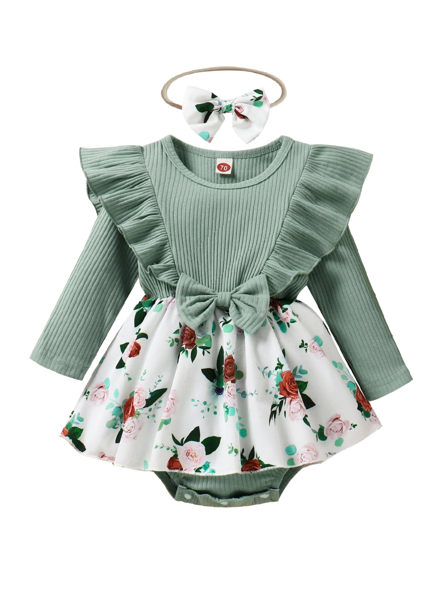 Bagilaanoe Newborn Baby Girl Rompers Dress Flora Print Long Sleeve Ribbed Bodysuit + Headband 6M ...