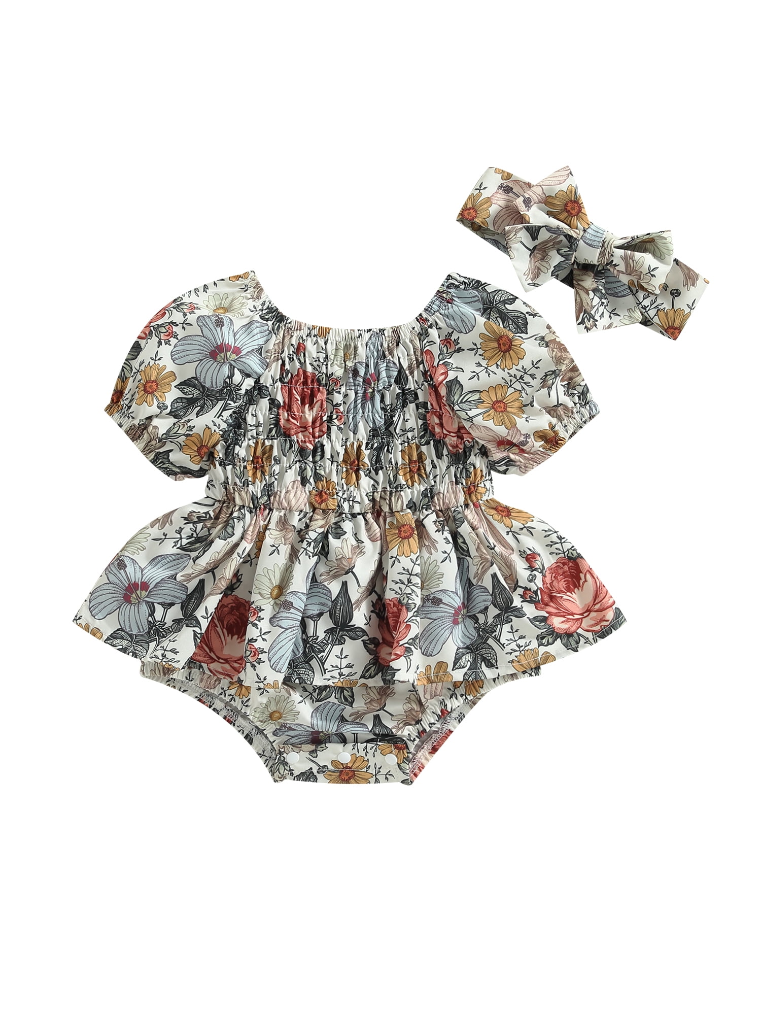 Bagilaanoe Newborn Baby Girl Rompers Dress Floral Print Short Puff Sleeve Bodysuit + Headband 6M ...