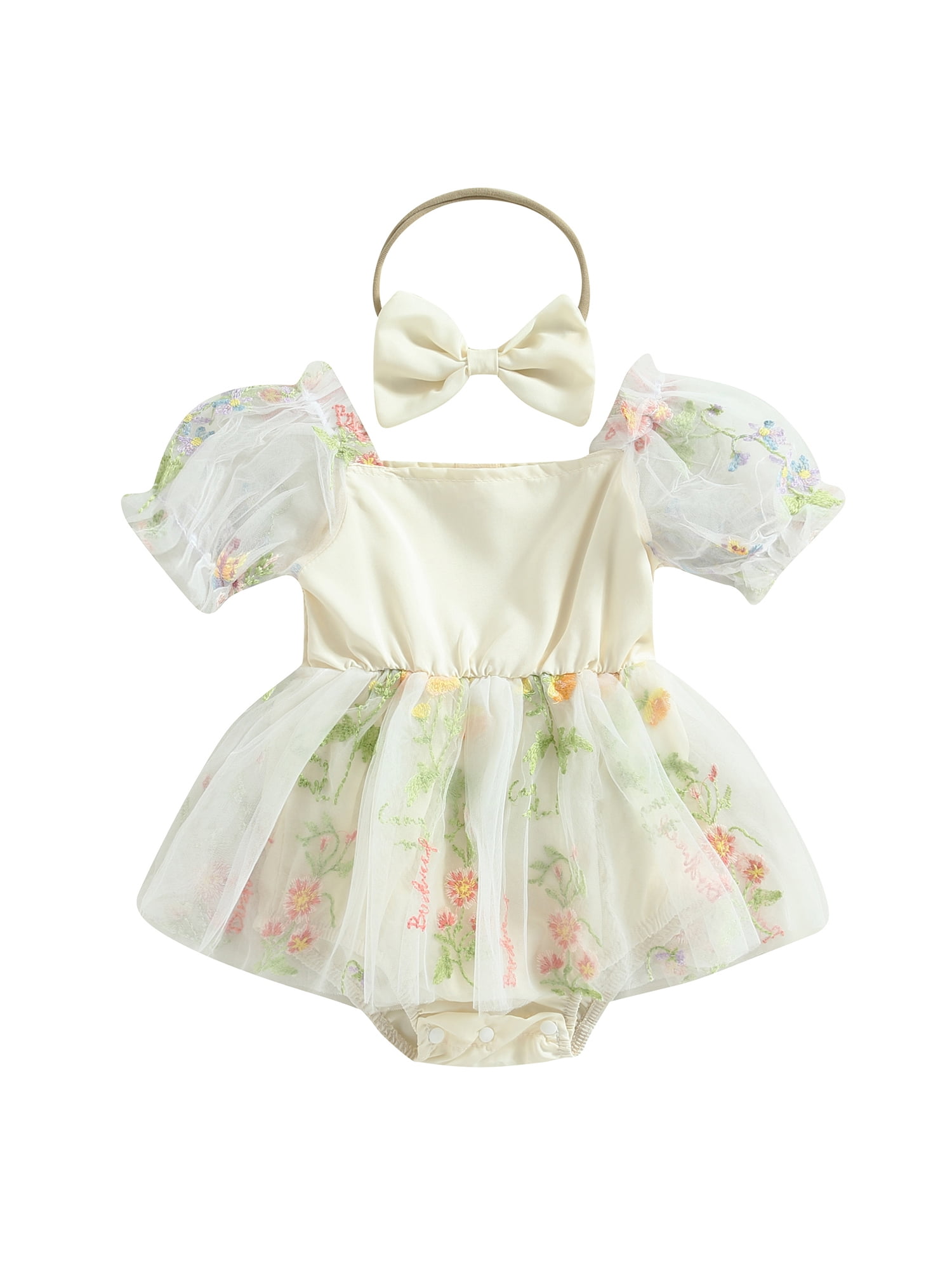 Bagilaanoe Newborn Baby Girl Rompers Dress Floral Print Short Puff Sleeve Bodysuit + Headband 6M ...