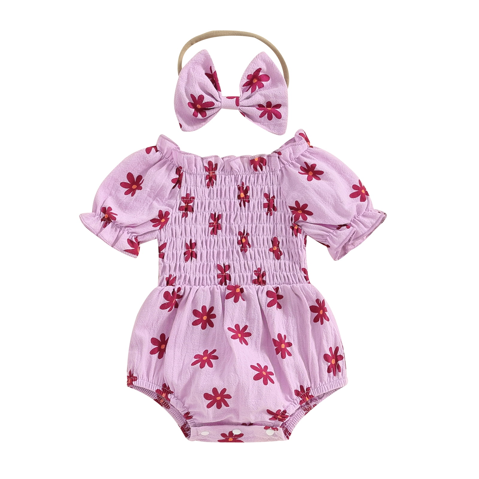 Bagilaanoe Newborn Baby Girl Rompers Floral Print Short Puff Sleeve Bodysuits + Headband 3M 6M ...