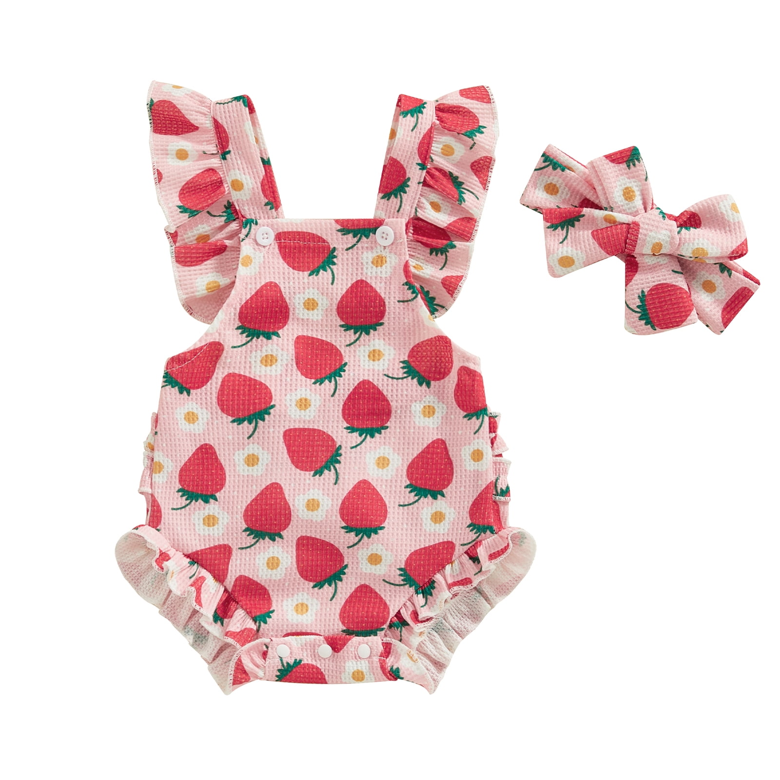 Bagilaanoe Newborn Baby Girl Rompers Strawberry Print Fly Sleeve Bodysuits + Headband 3M 6M 12M ...