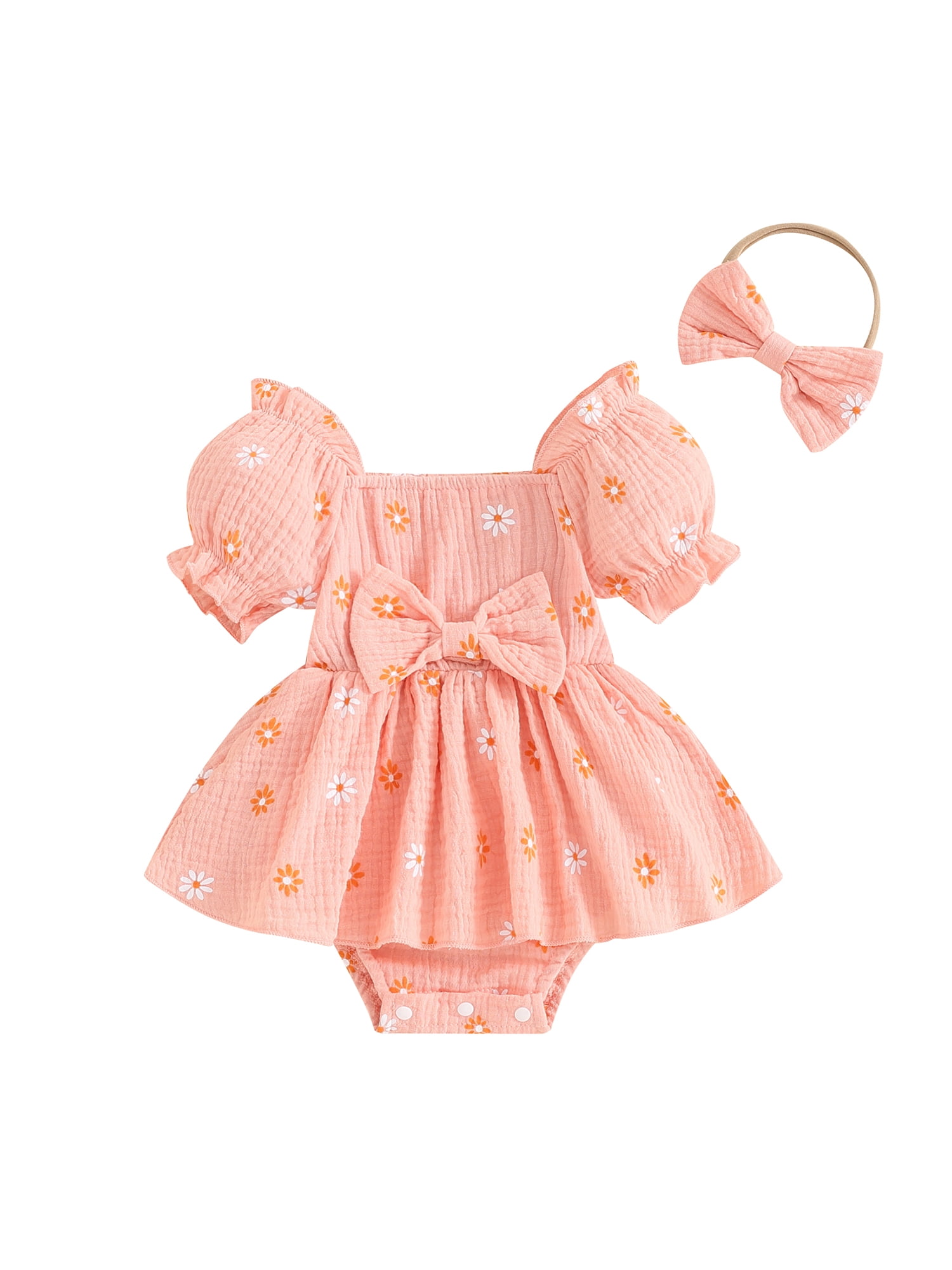 Bagilaanoe Newborn Baby Girl Summer Rompers Dress Floral Print Short Sleeve Bodysuits + Headband ...