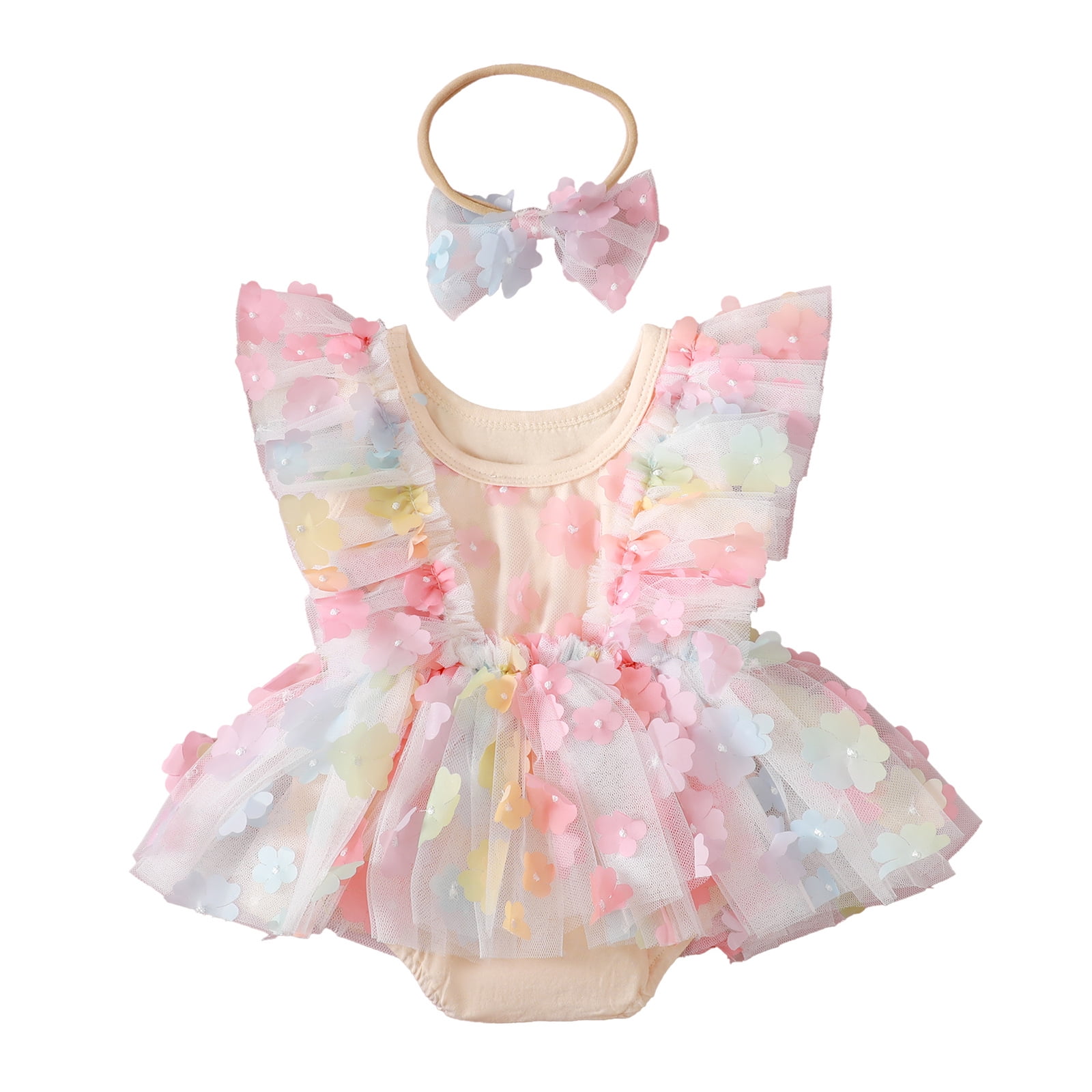 Bagilaanoe Newborn Baby Girl Summer Rompers Dress Flower Embellished Fly Sleeve Bodysuits ...