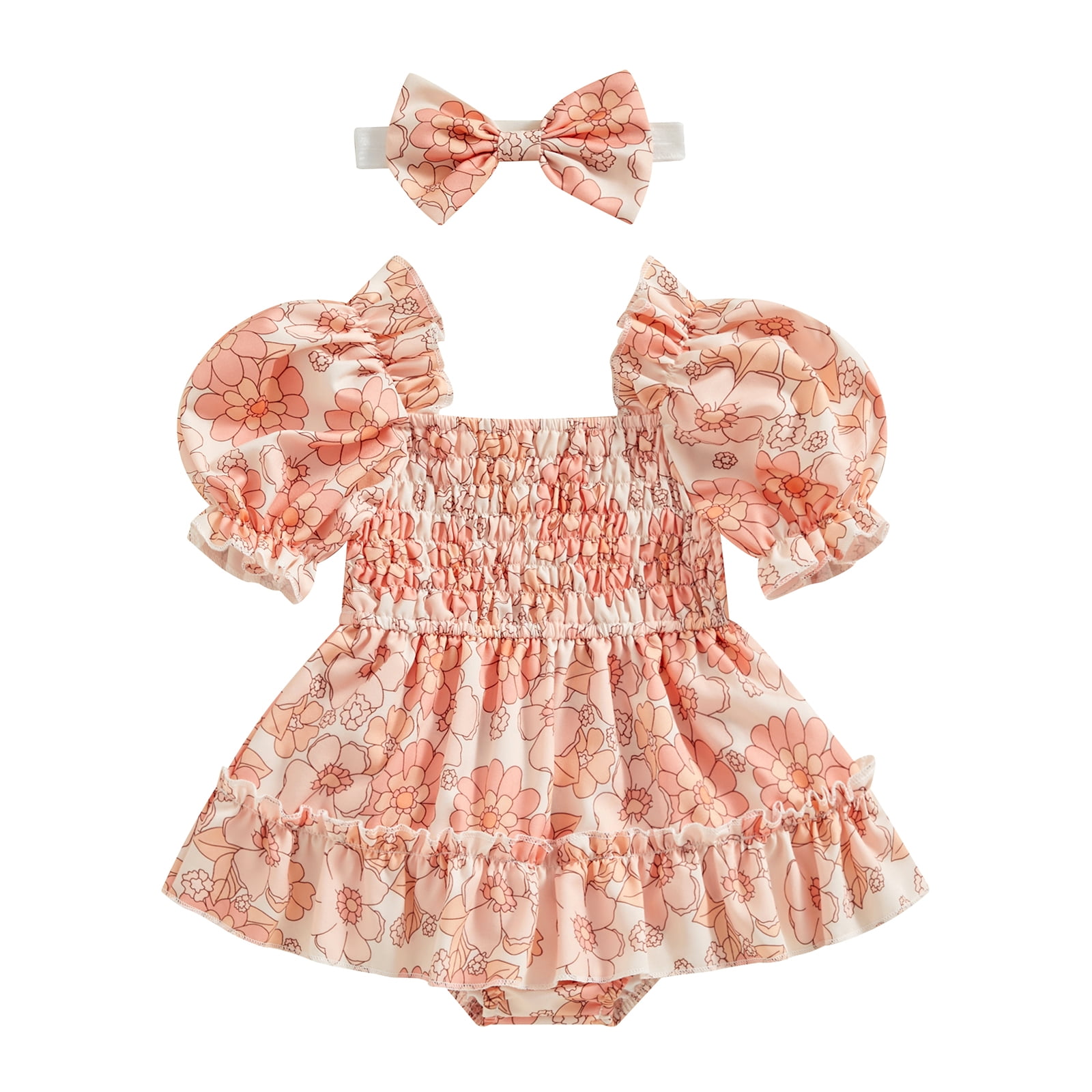 Bagilaanoe Newborn Baby Girl Summer Rompers Dress Flower Print Short Sleeve Bodysuits + Headband ...