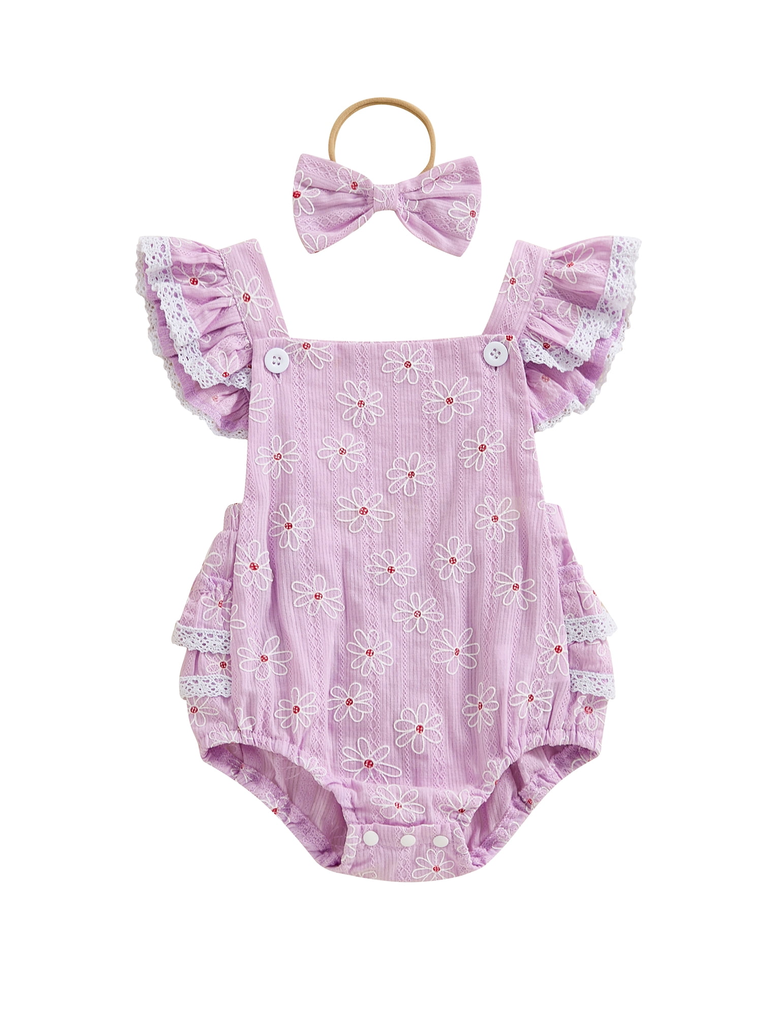 Bagilaanoe Newborn Baby Girl Summer Rompers Flower Print Fly Sleeve Bodysuits + Headband 6M 12M ...