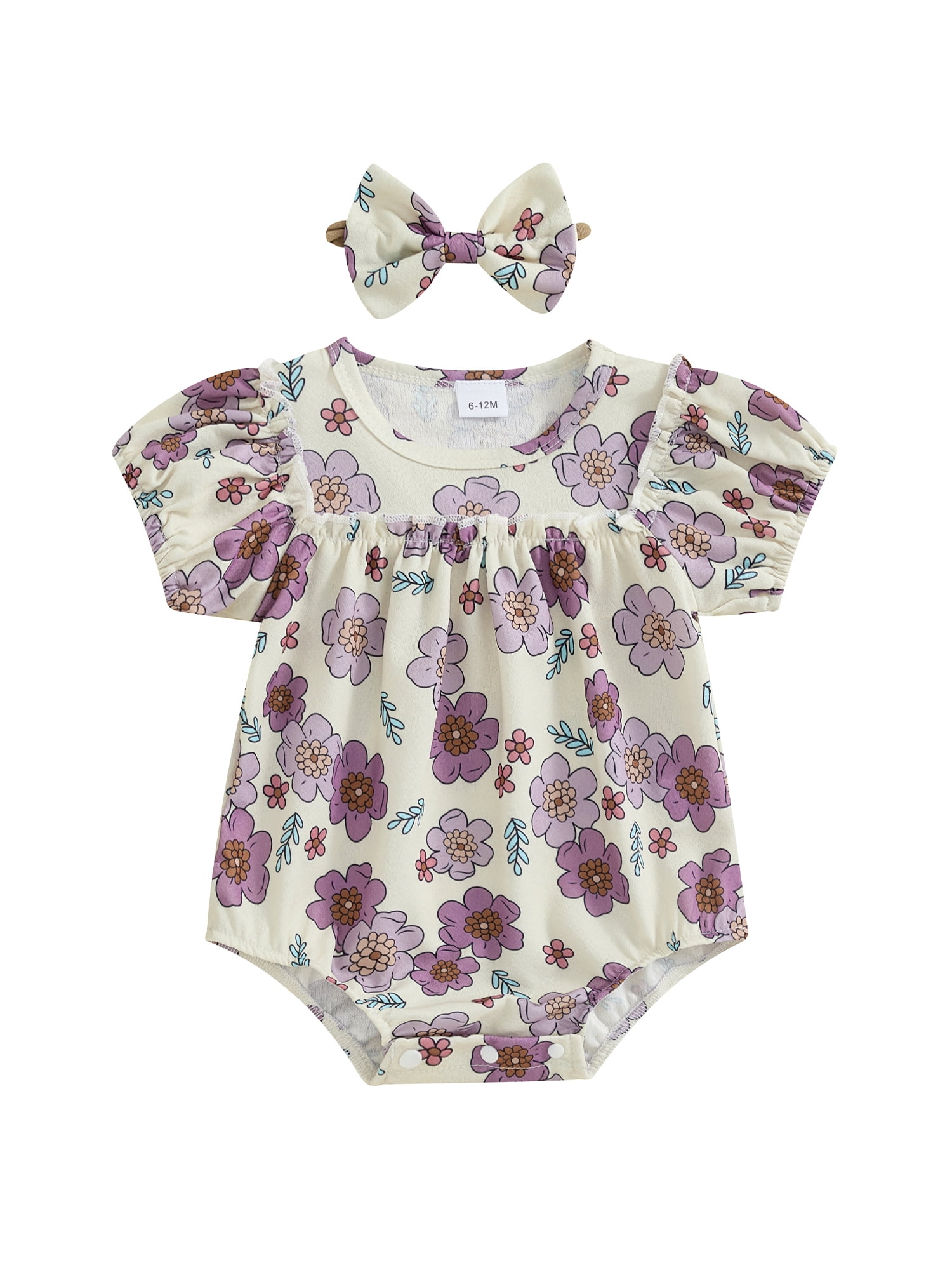 Bagilaanoe Newborn Baby Girl Summer Rompers Flower Print Short Sleeve Bodysuits + Headband 3M 6M ...