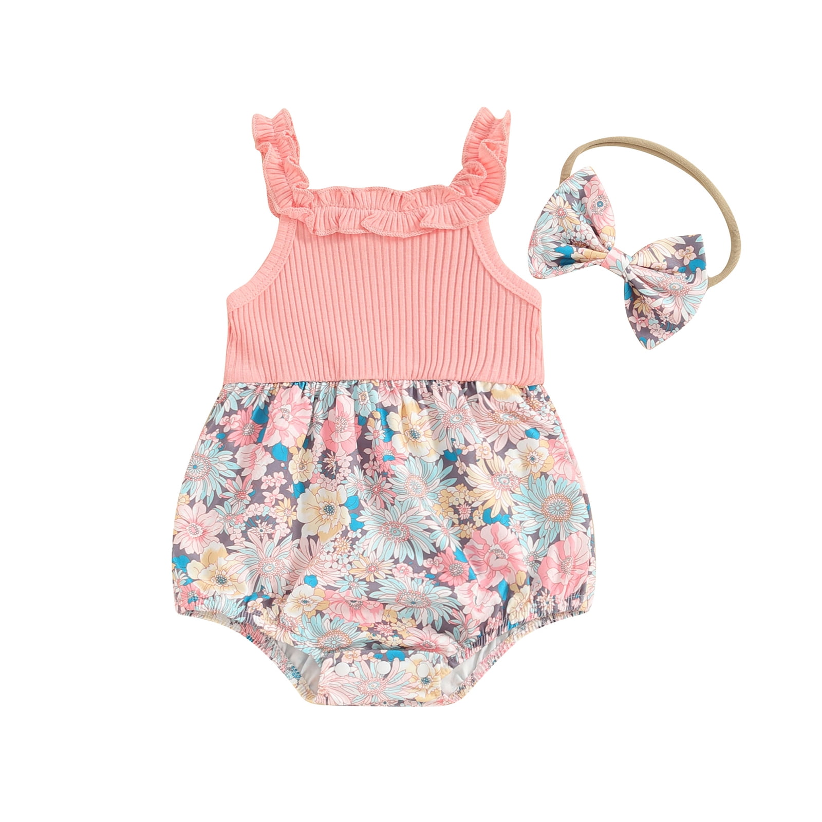 Bagilaanoe Newborn Baby Girl Summer Rompers Flower Print Sleeveless Bodysuits + Headband 3M 6M ...