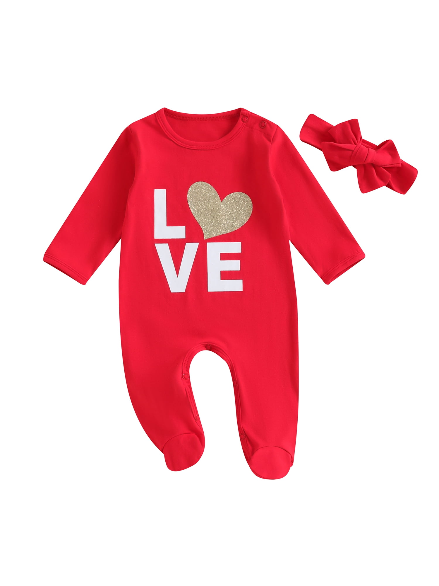Bagilaanoe Newborn Baby Girl Valentine's Day Jumpsuit Heart Letters Print Long Sleeve Bodysuit ...