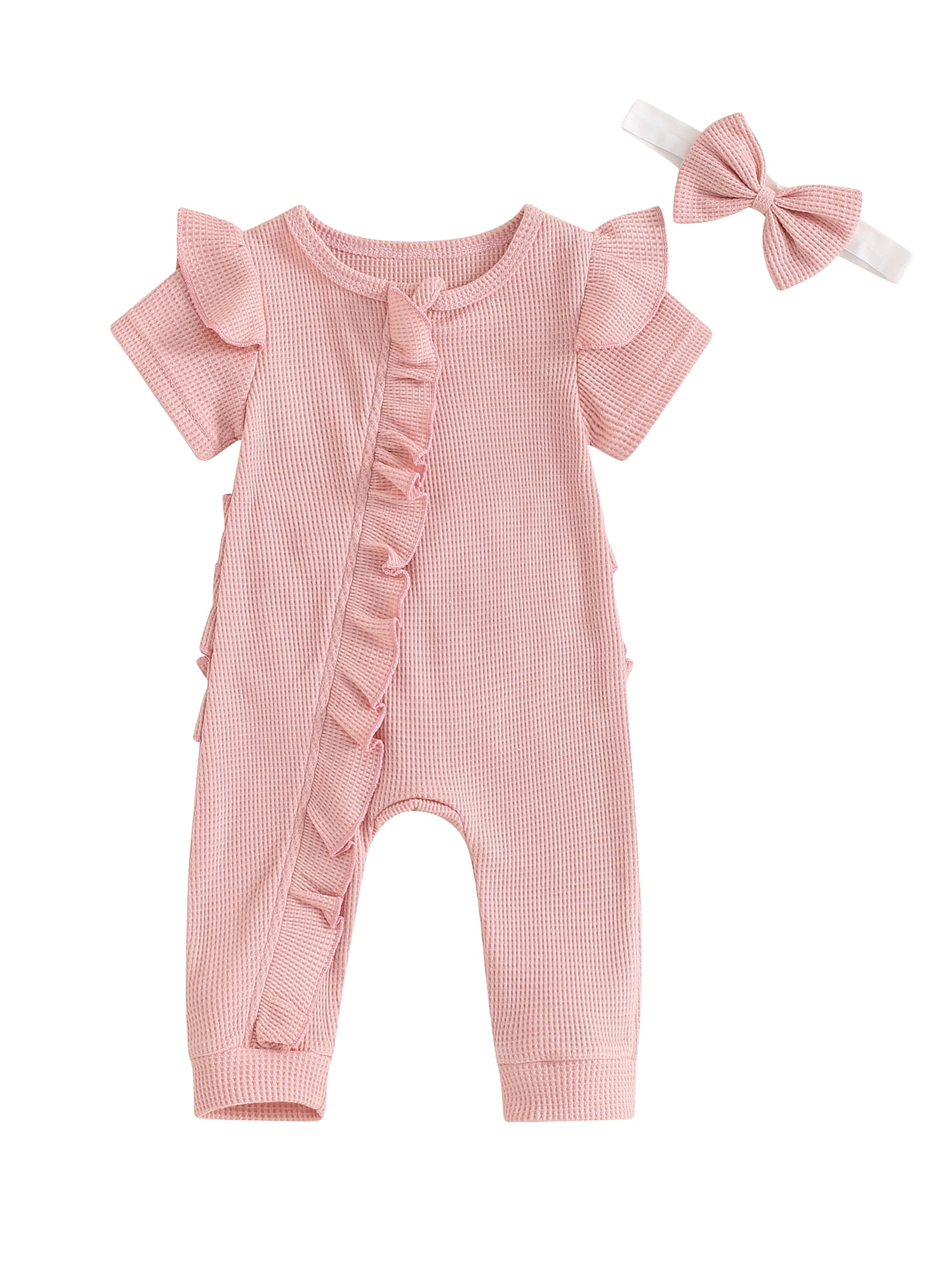 Bagilaanoe Newborn Baby Girls Summer One-pieces Zip Up Waffle Long Sleeve Jumpsuit + Headband 3M ...
