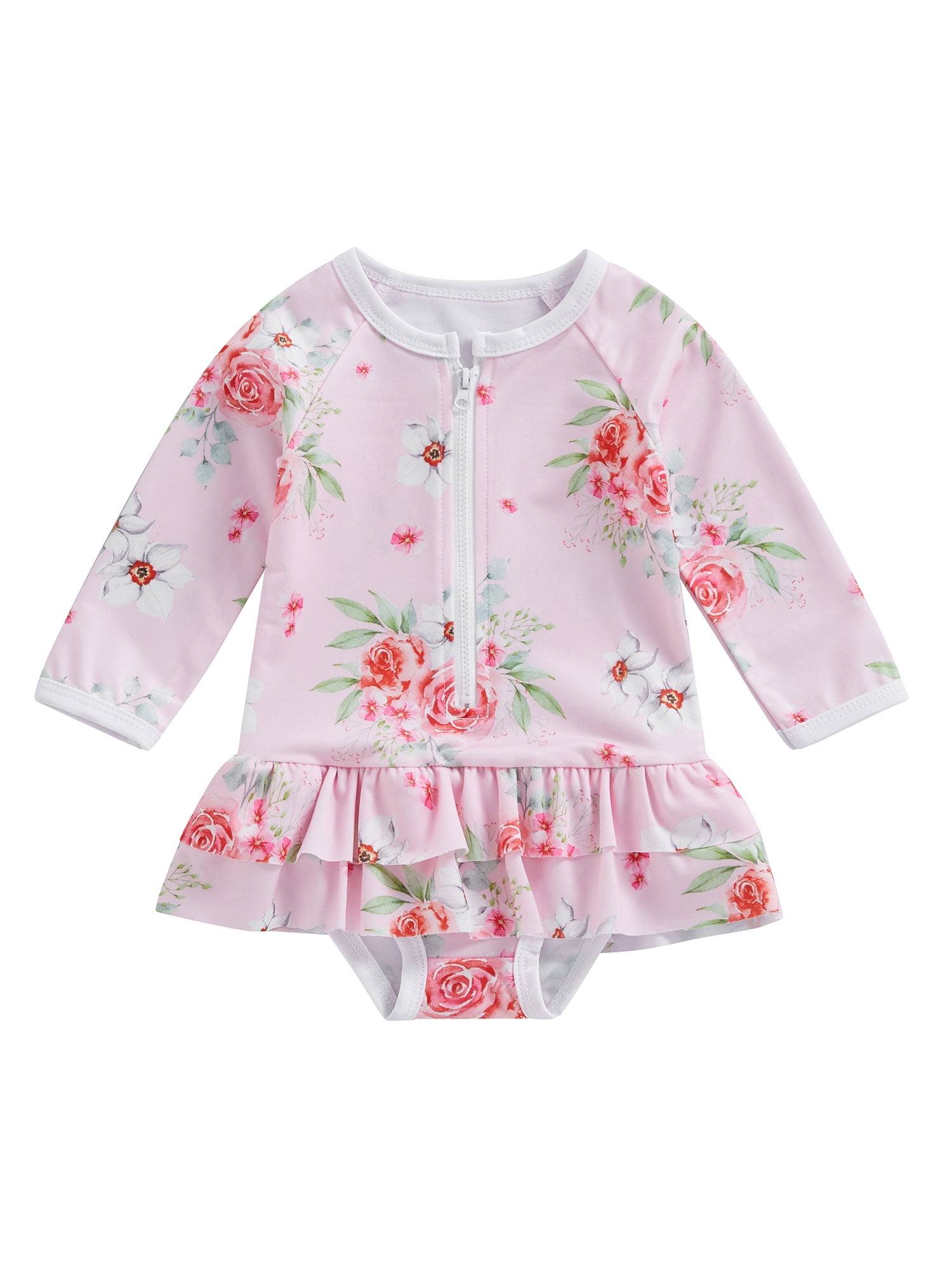 Bagilaanoe Toddler Baby Girl One-Piece Swimsuit Floral Print Long Sleeve Zipper Rashguard ...