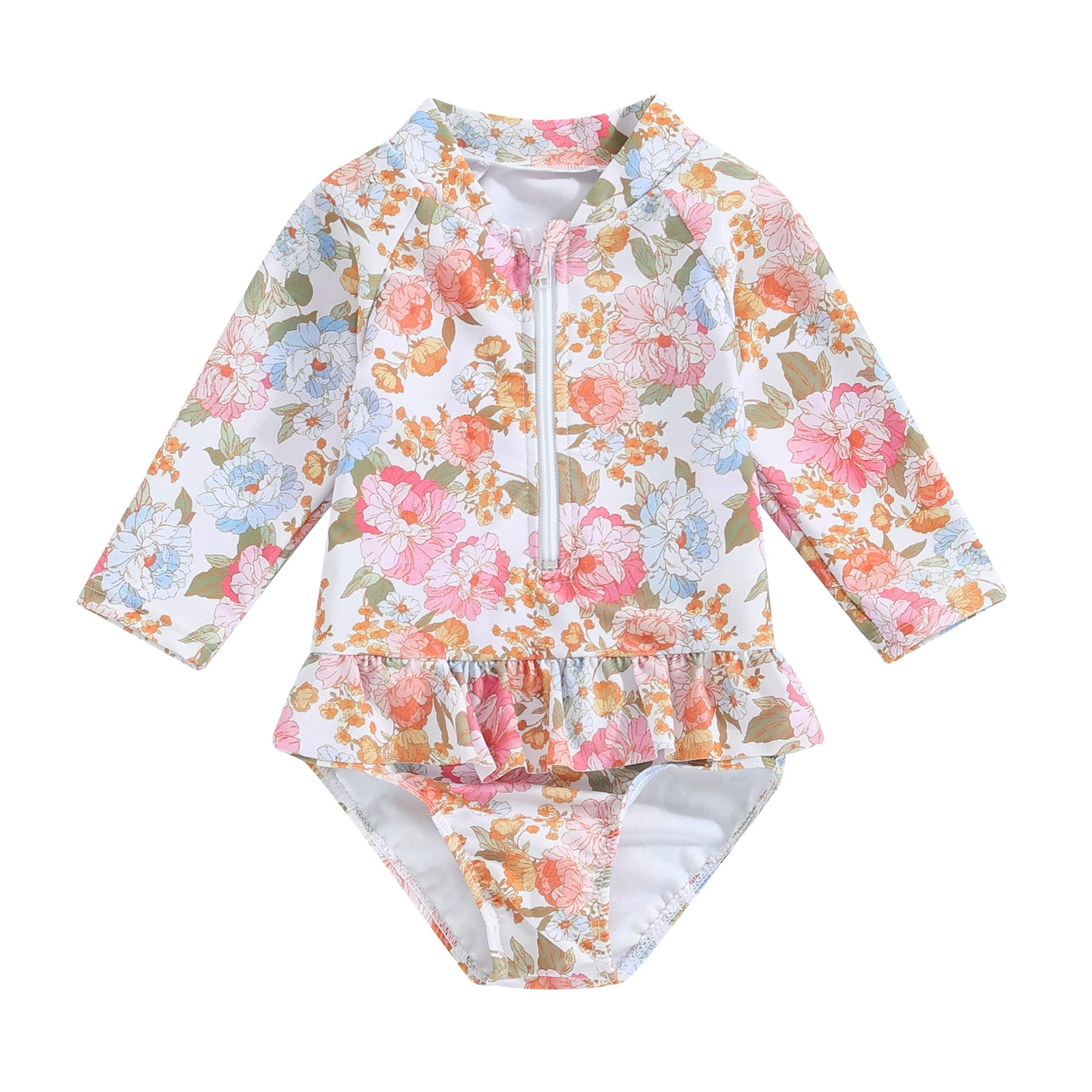 Bagilaanoe Toddler Baby Girl One-Piece Swimsuit Floral Print Long Sleeve Zipper Rashguard ...