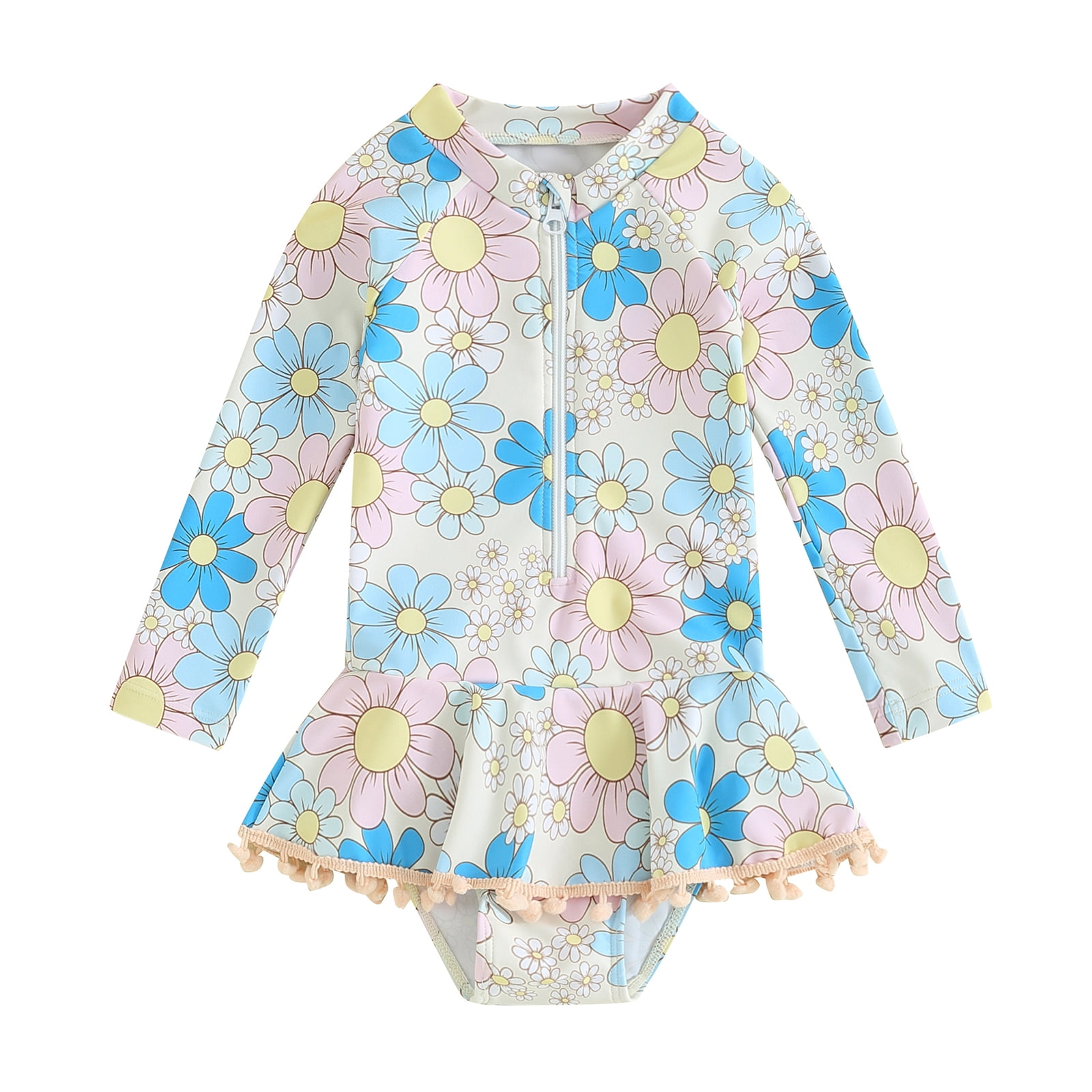 Bagilaanoe Toddler Baby Girl One-Piece Swimsuit Floral Print Long Sleeve Zipper Rashguard ...