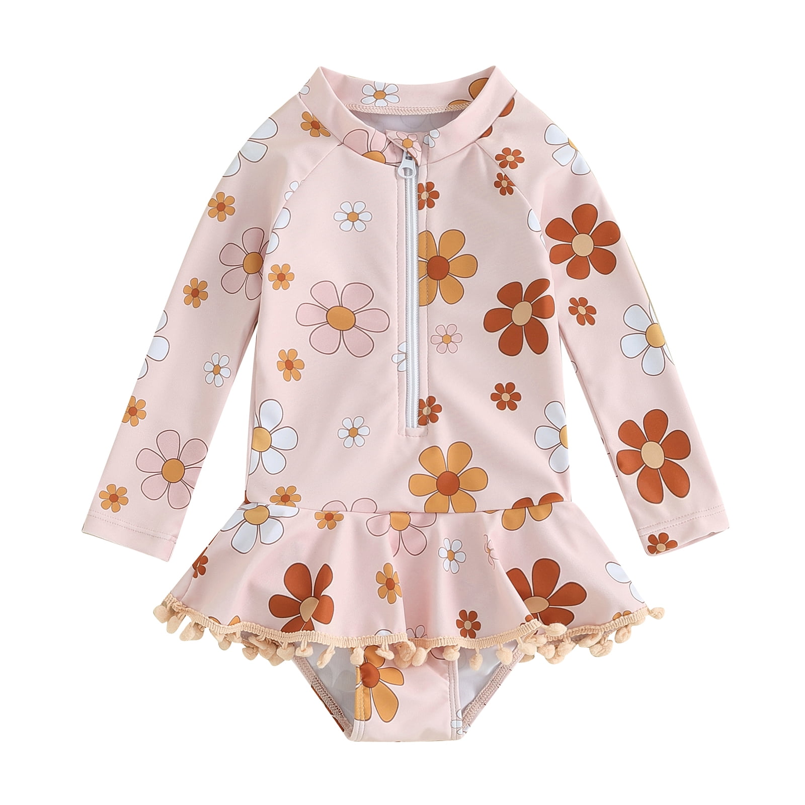 Bagilaanoe Toddler Baby Girl One-Piece Swimsuit Floral Print Long Sleeve Zipper Rashguard ...