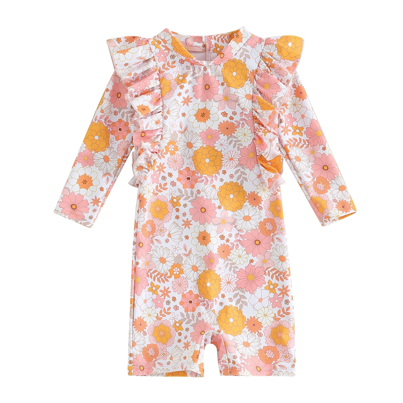 Bagilaanoe Toddler Baby Girl One-Piece Swimsuit Floral Print Long Sleeve Zipper Rashguard ...