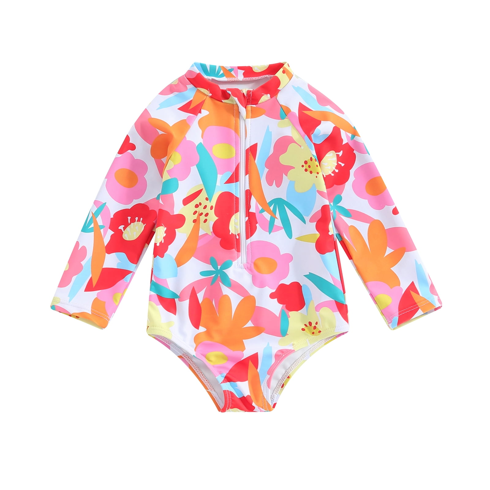 Bagilaanoe Toddler Baby Girl One-Piece Swimsuit Floral Print Long Sleeve Zipper Rashguard ...