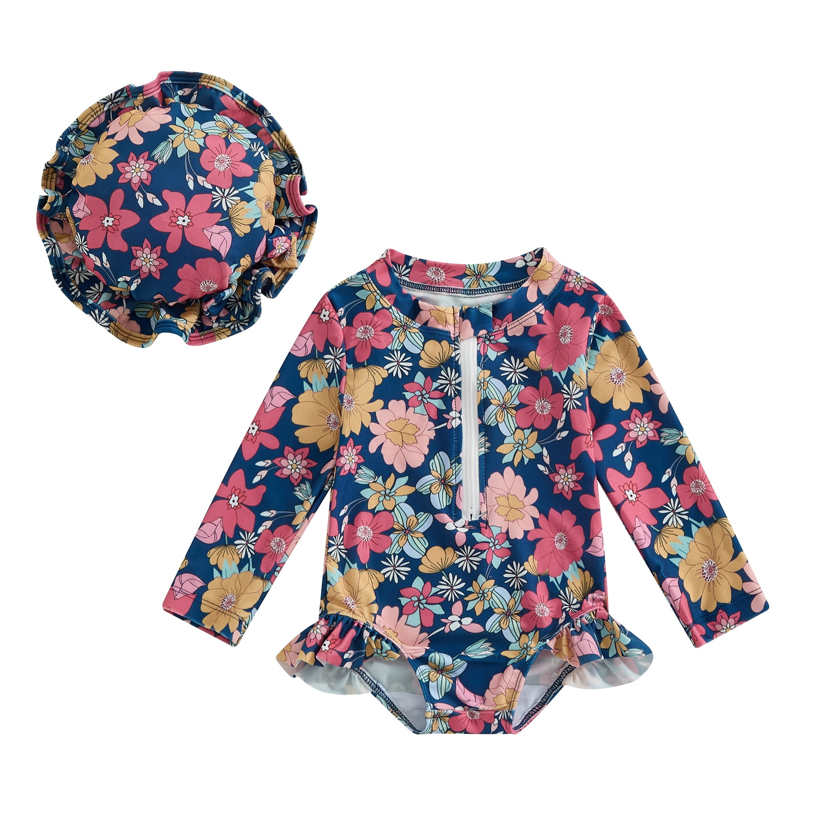Bagilaanoe Toddler Baby Girl One-Piece Swimsuit Floral Print Long Sleeve Zipper Rashguard ...