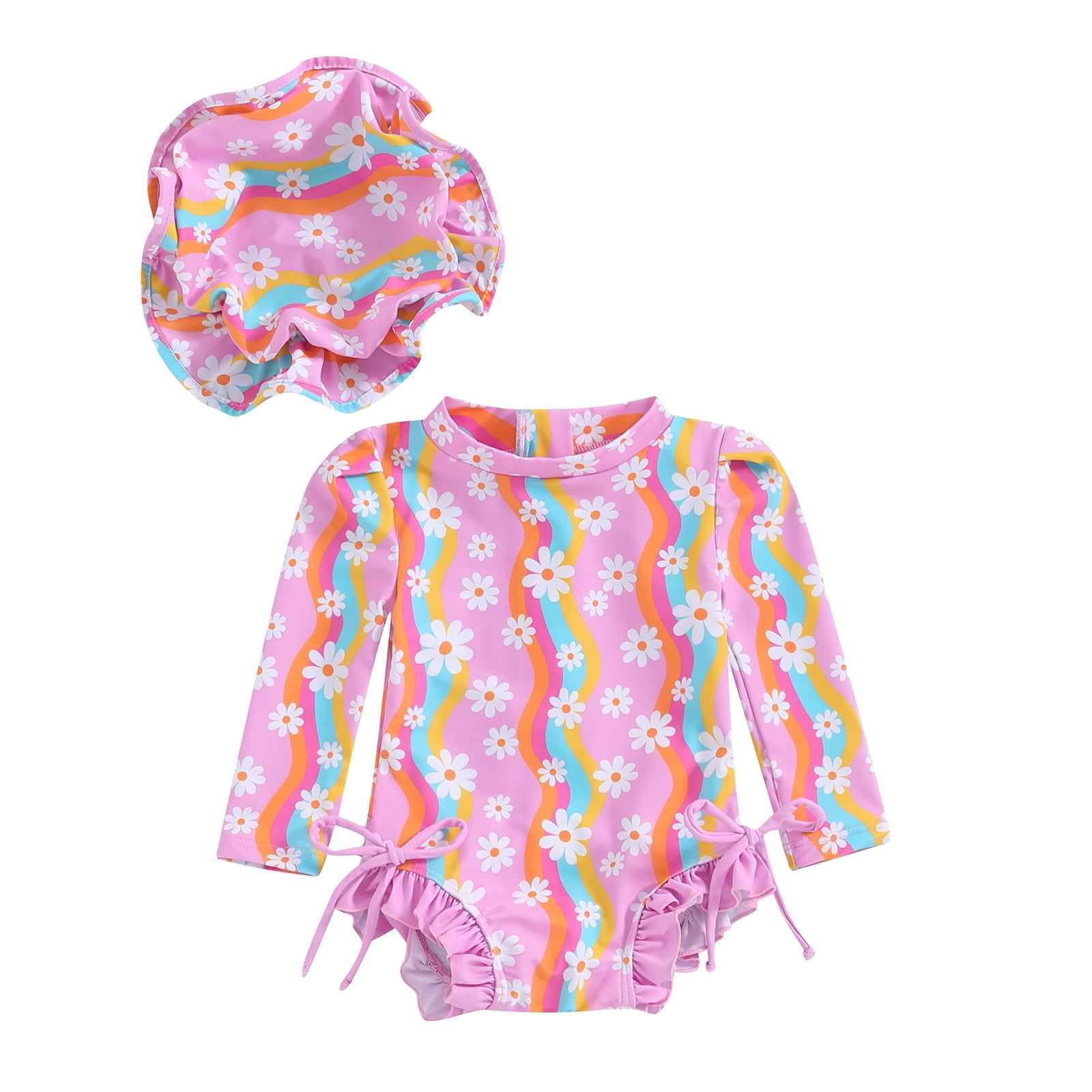 Bagilaanoe Toddler Baby Girl One-Piece Swimsuit Floral Rainbow Print Long Sleeve Zipper ...