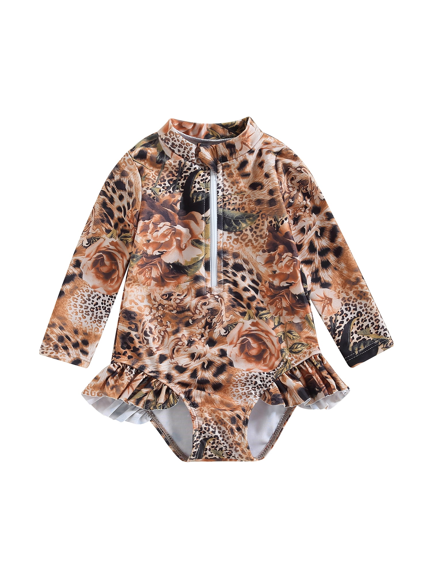Bagilaanoe Toddler Baby Girl One-Piece Swimsuit Flower Leopard Print Long Sleeve Zipper ...
