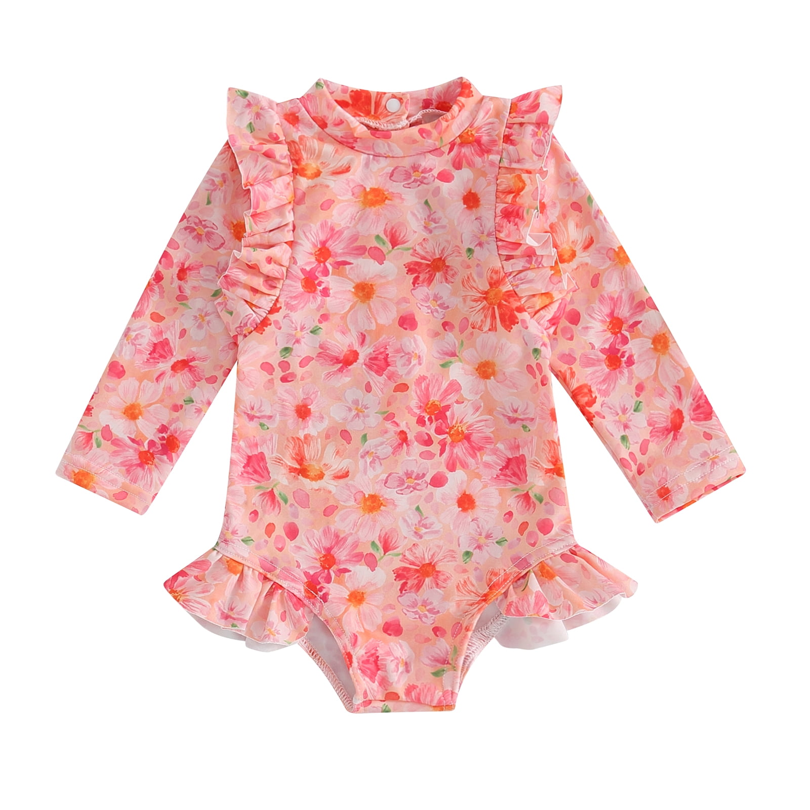 Bagilaanoe Toddler Baby Girl One-Piece Swimsuit Flower Print Long Sleeve Zipper Rashguard ...