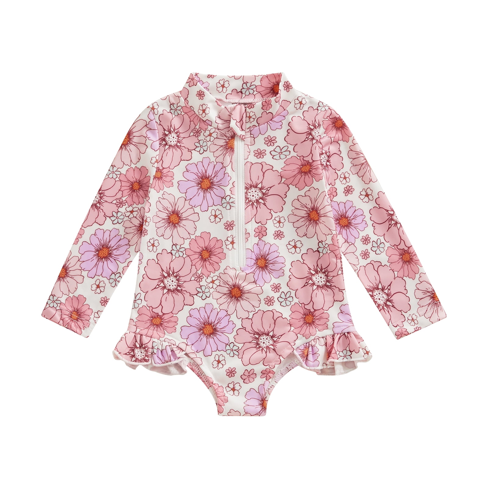 Bagilaanoe Toddler Baby Girl One-Piece Swimsuit Flower Print Long Sleeve Zipper Rashguard ...