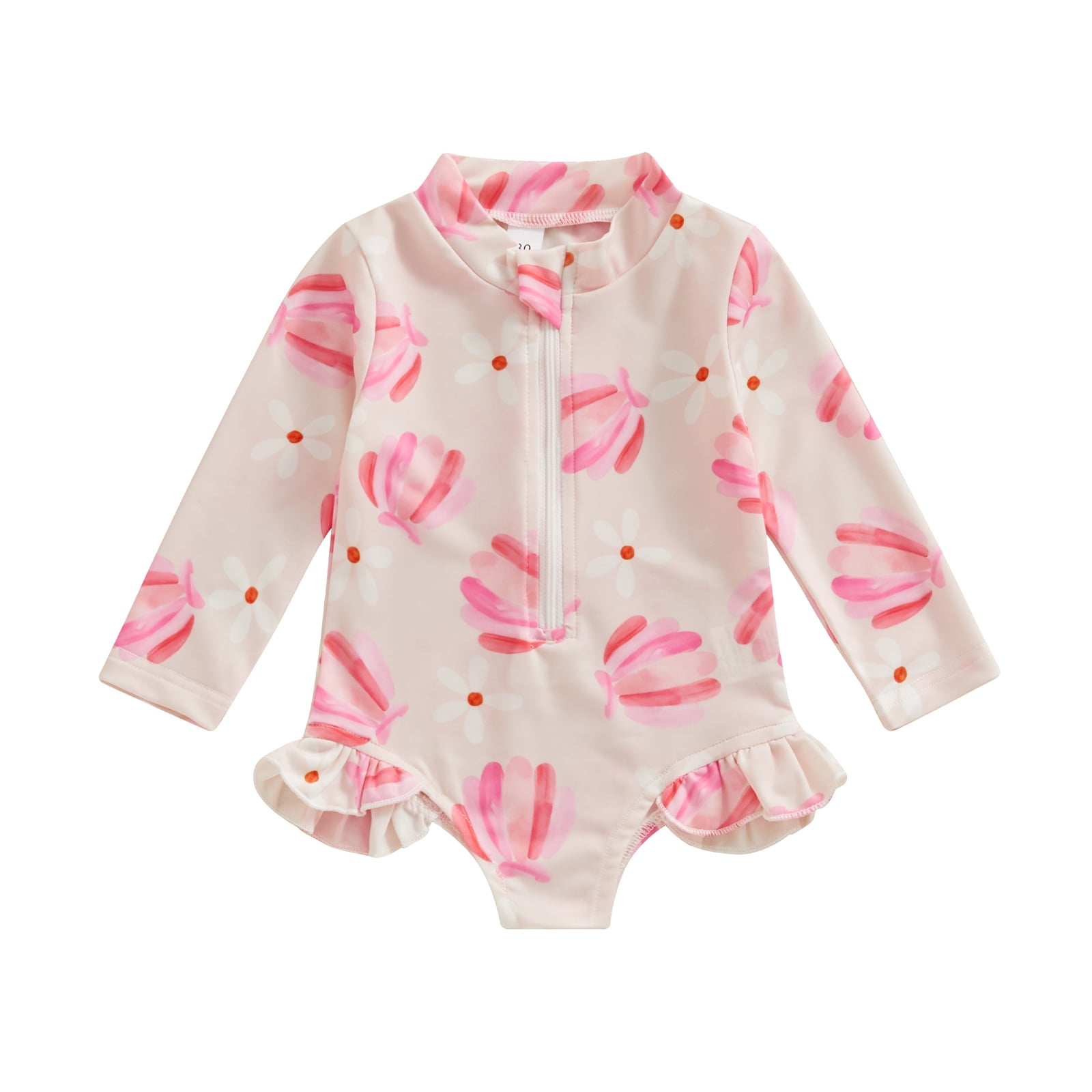 Bagilaanoe Toddler Baby Girl One-Piece Swimsuit Flower Print Long Sleeve Zipper Rashguard ...