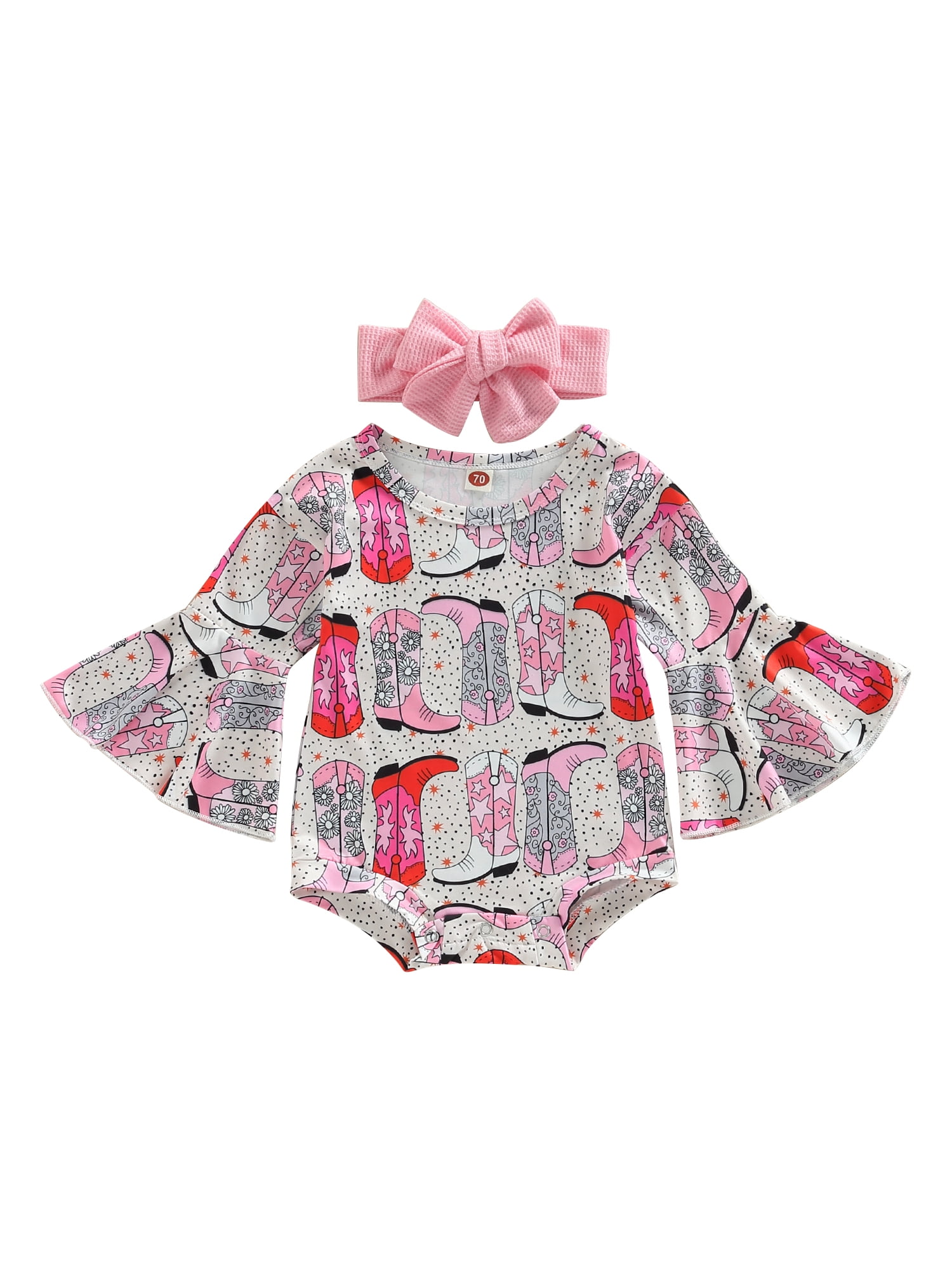 Bagilaanoe Toddler Baby Girl Rompers Print Flare Long Sleeve Bodysuit + Headband 6M 12M 18M 24M ...