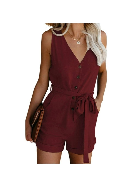 Bagilaanoe Women Solid Rompers Deep V Neck Sleeveless Short Jumpsuits ...