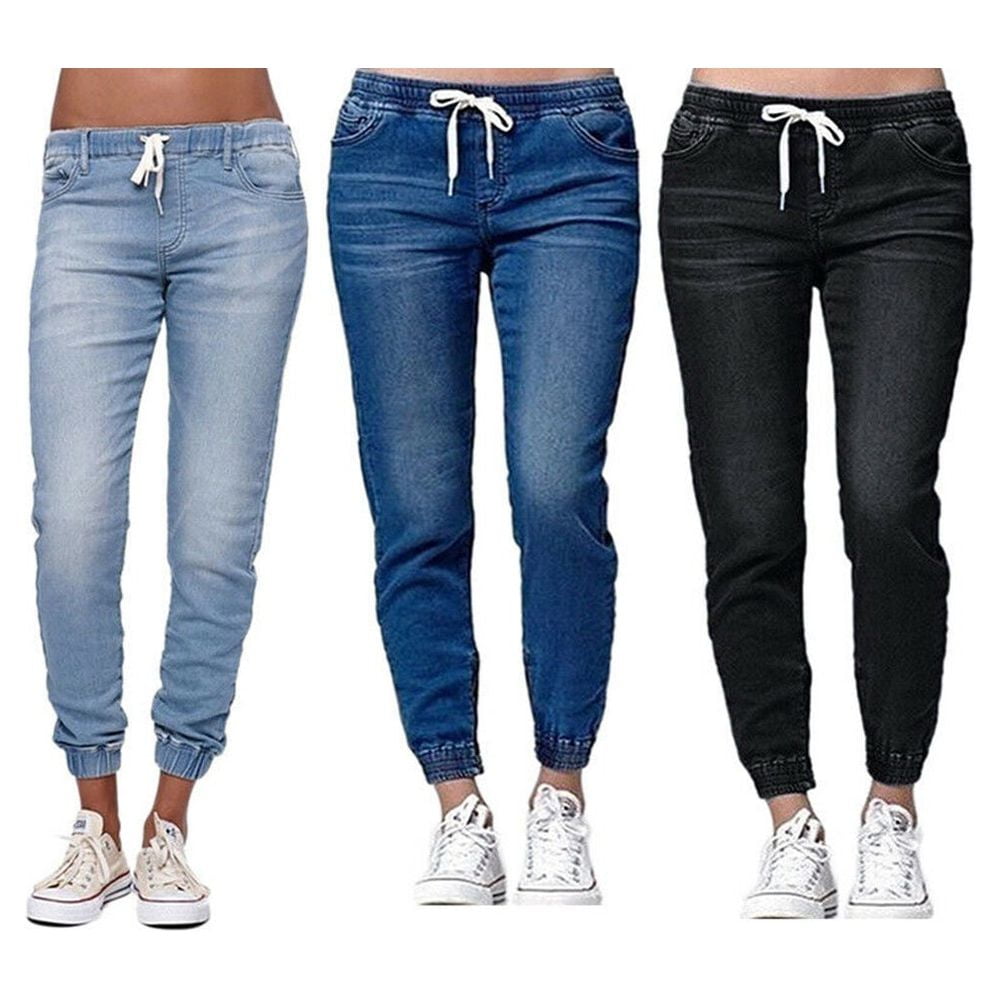 Bagilaanoe Womens Elastic Waist Pencil Stretch Denim Skinny Drawstring ...