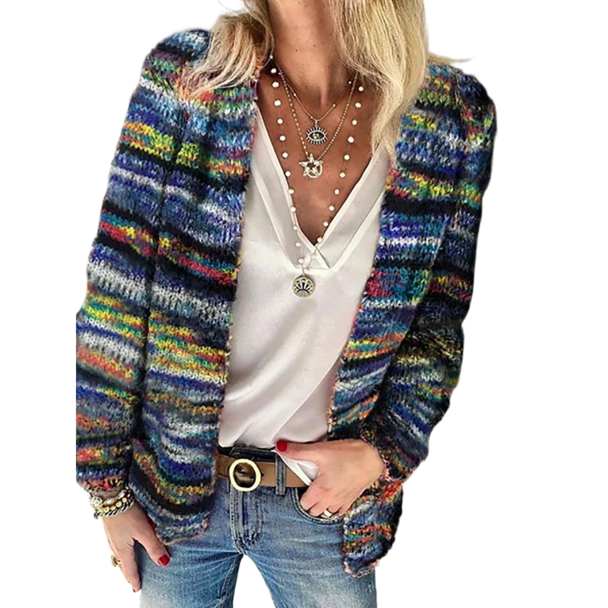 Bagilaanoe Womens Rainbow Cardigan Sweater Long Sleeve Multicolor ...